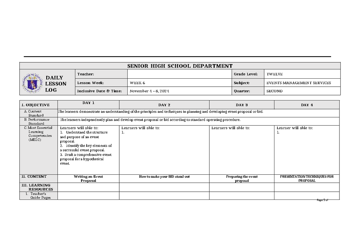 DLL - WEEK 2 Second Quarter ( Events Management) - Page 1 of SENIOR ...