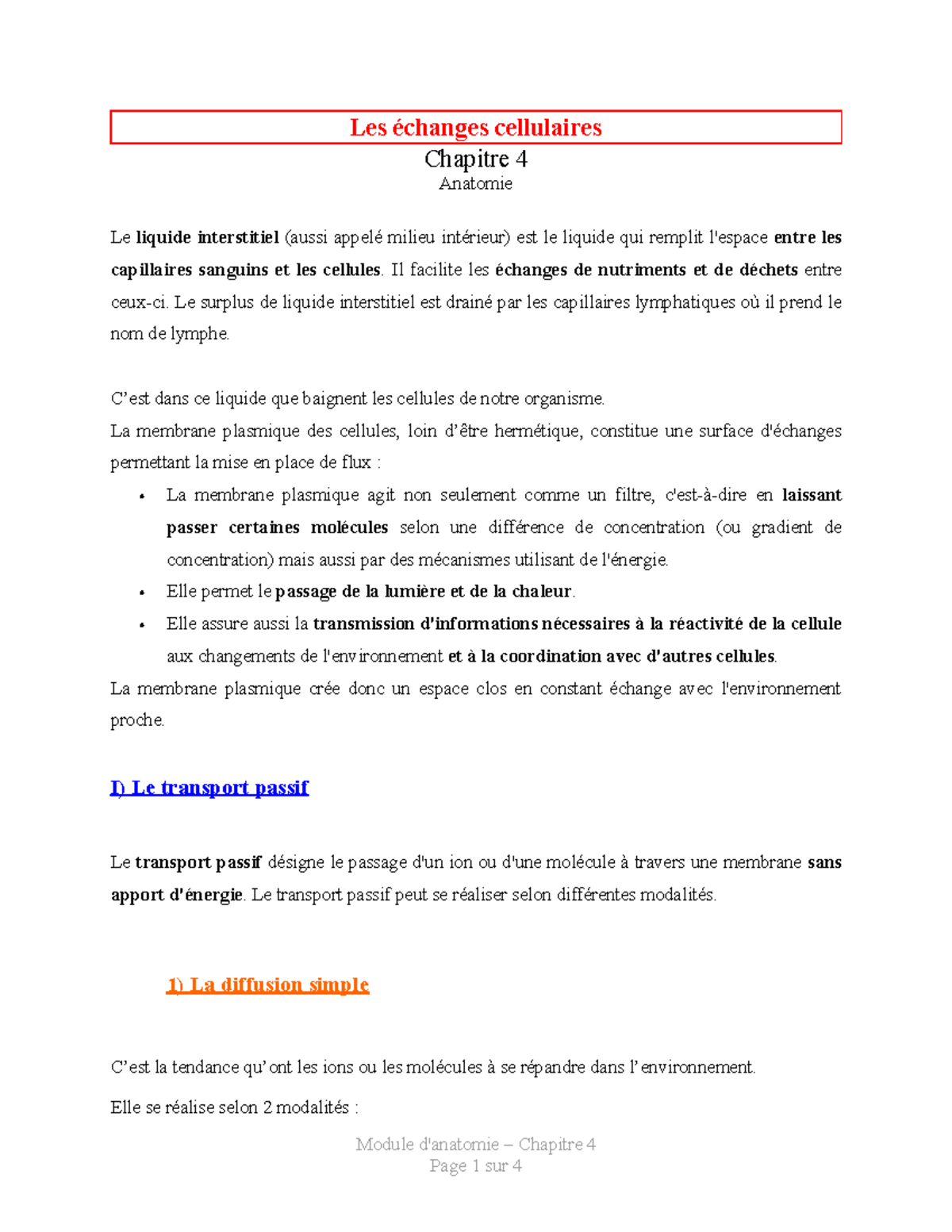 Anatomie et Physiologie: Échanges Cellulaires Chapitre 4 - Studocu