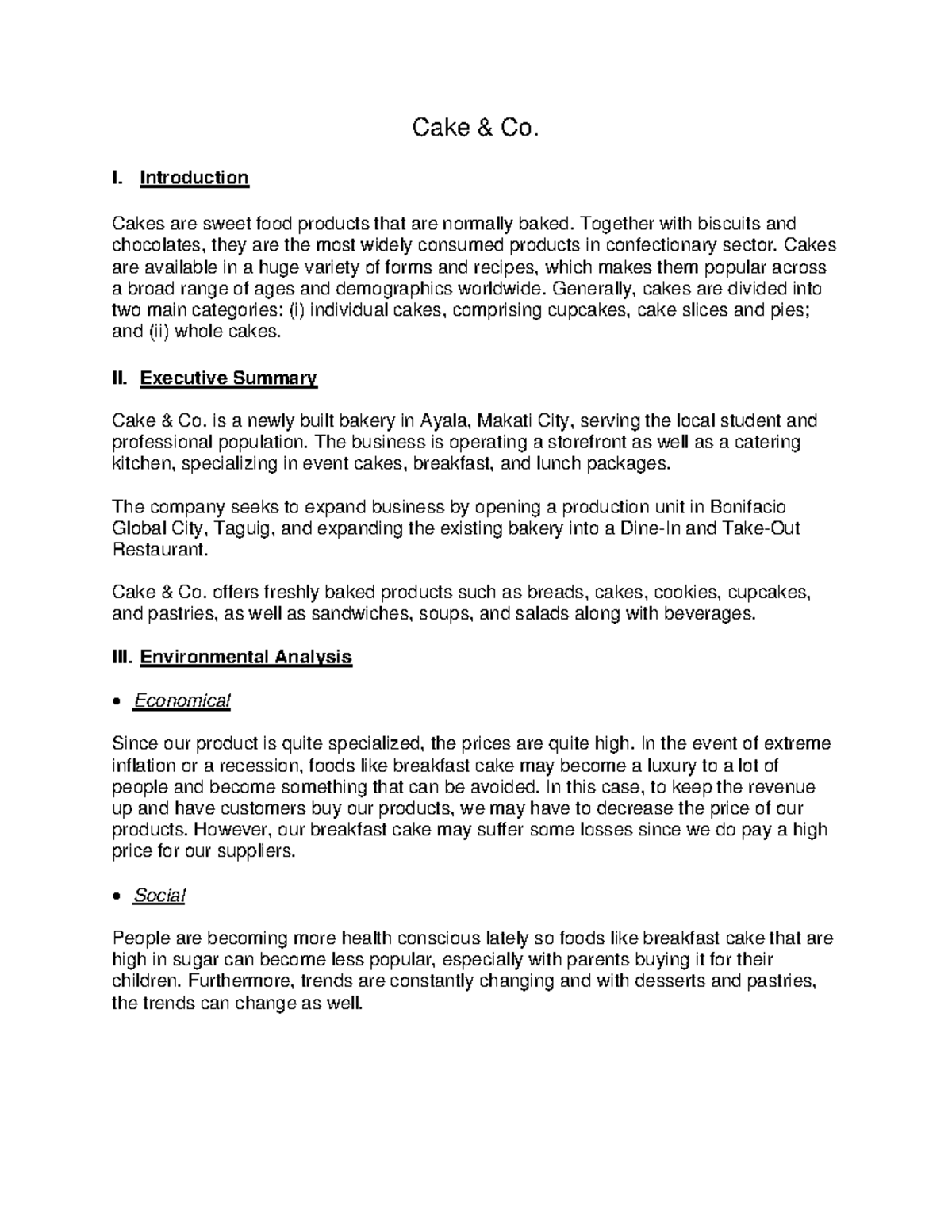 Cake & Co Business Plan - Cake & Co. I. Introduction Cakes are sweet ...