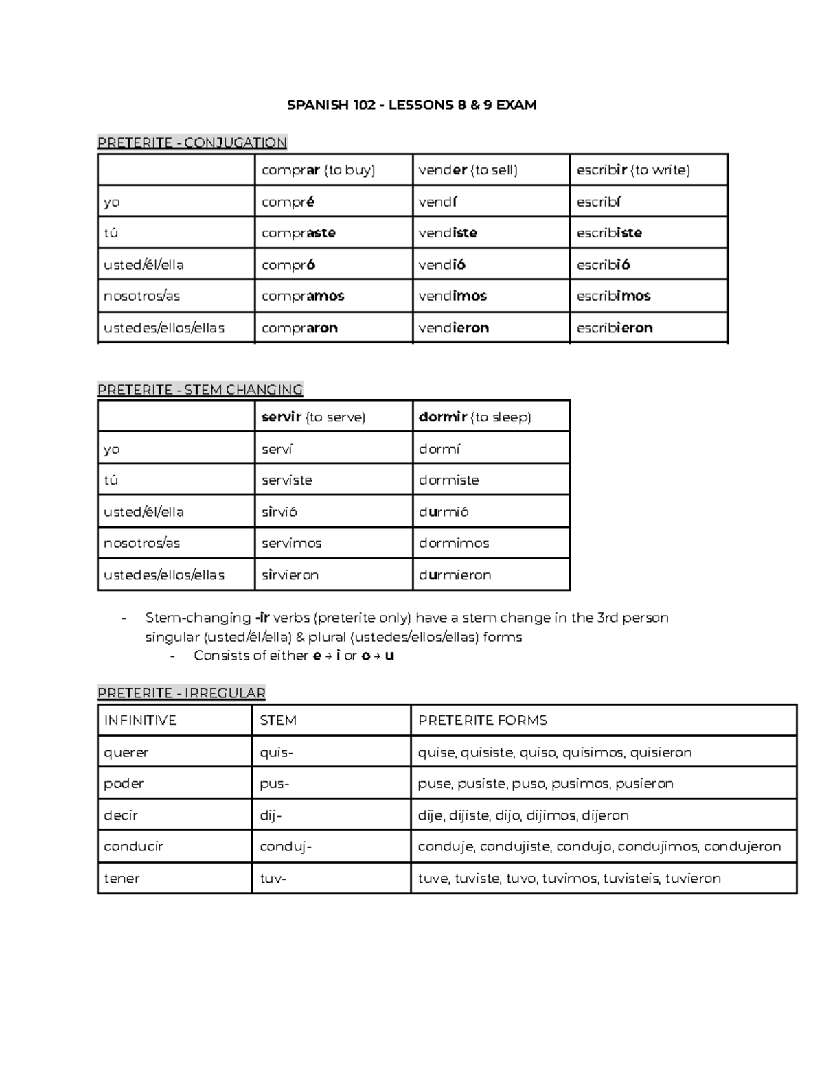 SPANISH 102 - LESSONS 8 & 9 EXAM STUDY GUIDE - Studocu