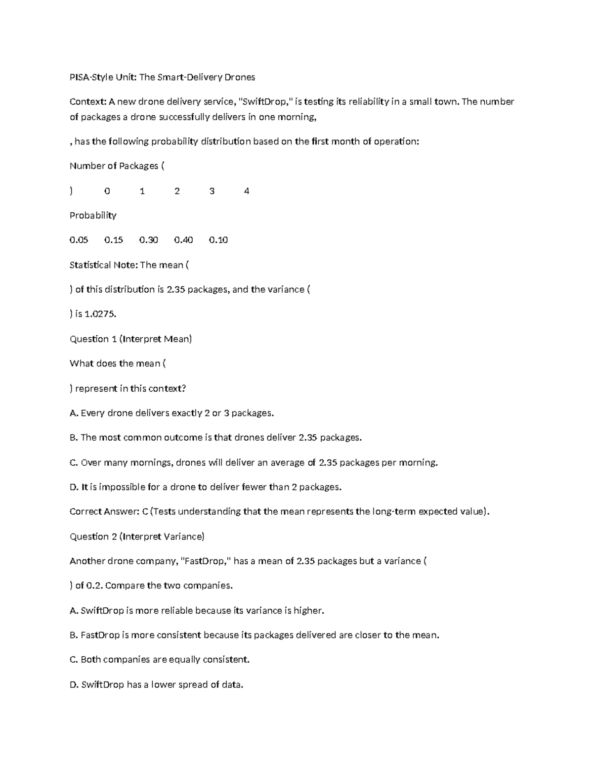 PISA-Style Unit: Drone Delivery Service Analysis and Stats - Studocu