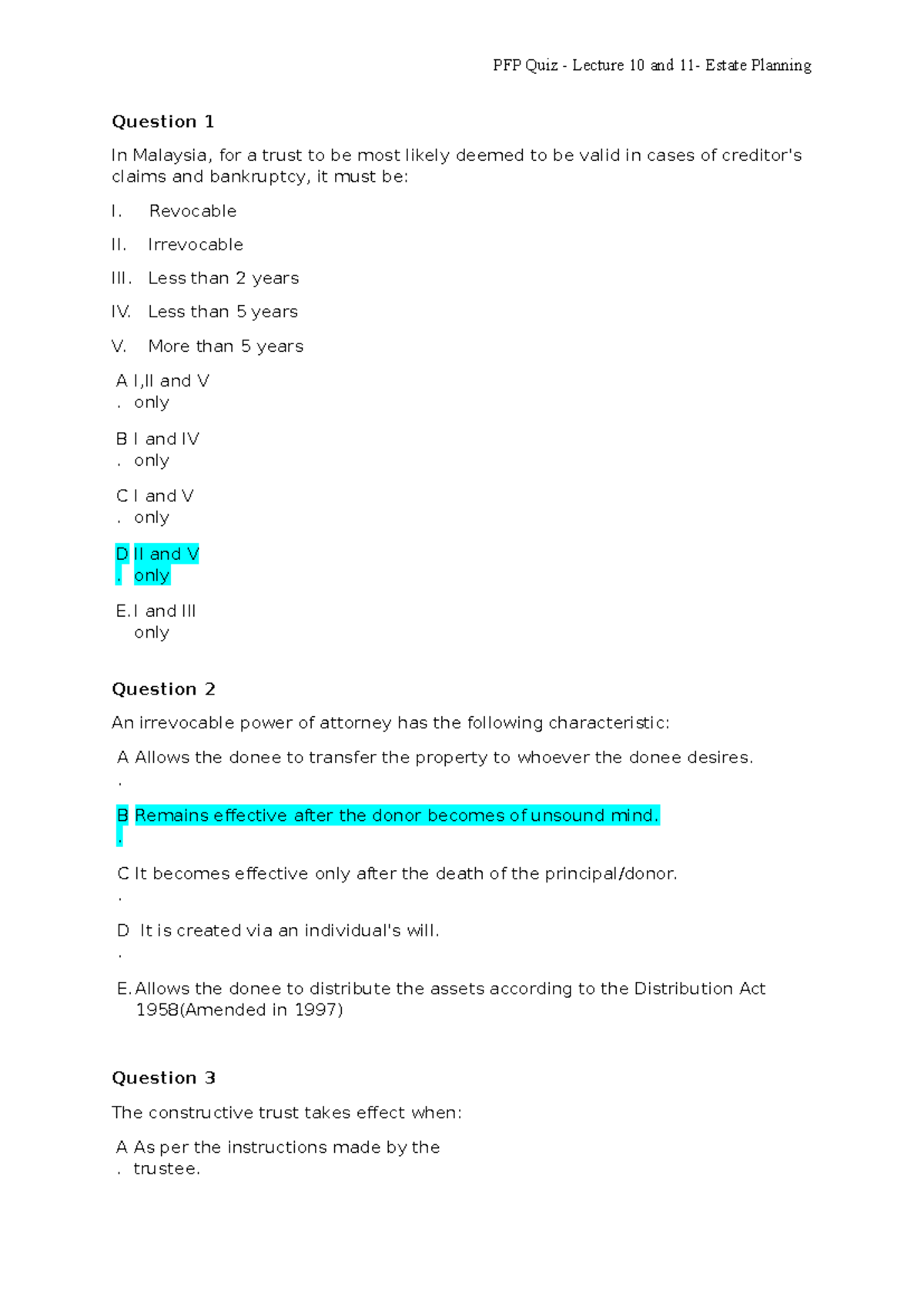 PFP Quiz - Lecture 11 Estate Planning II - PFP Quiz - Lecture 10 and 11 ...