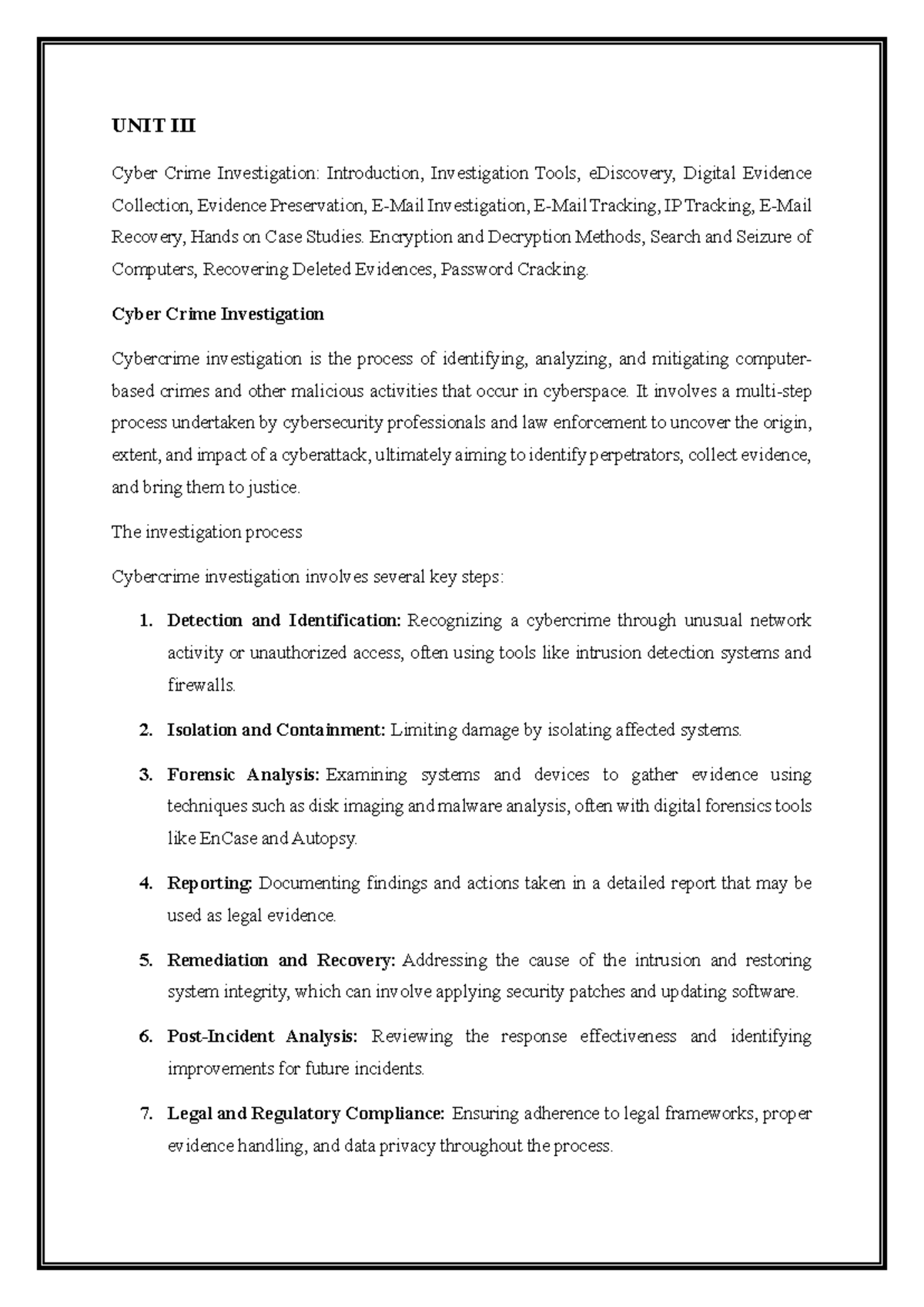 UNIT III (CS) - Cyber Crime Investigation: Tools, Techniques & Case ...