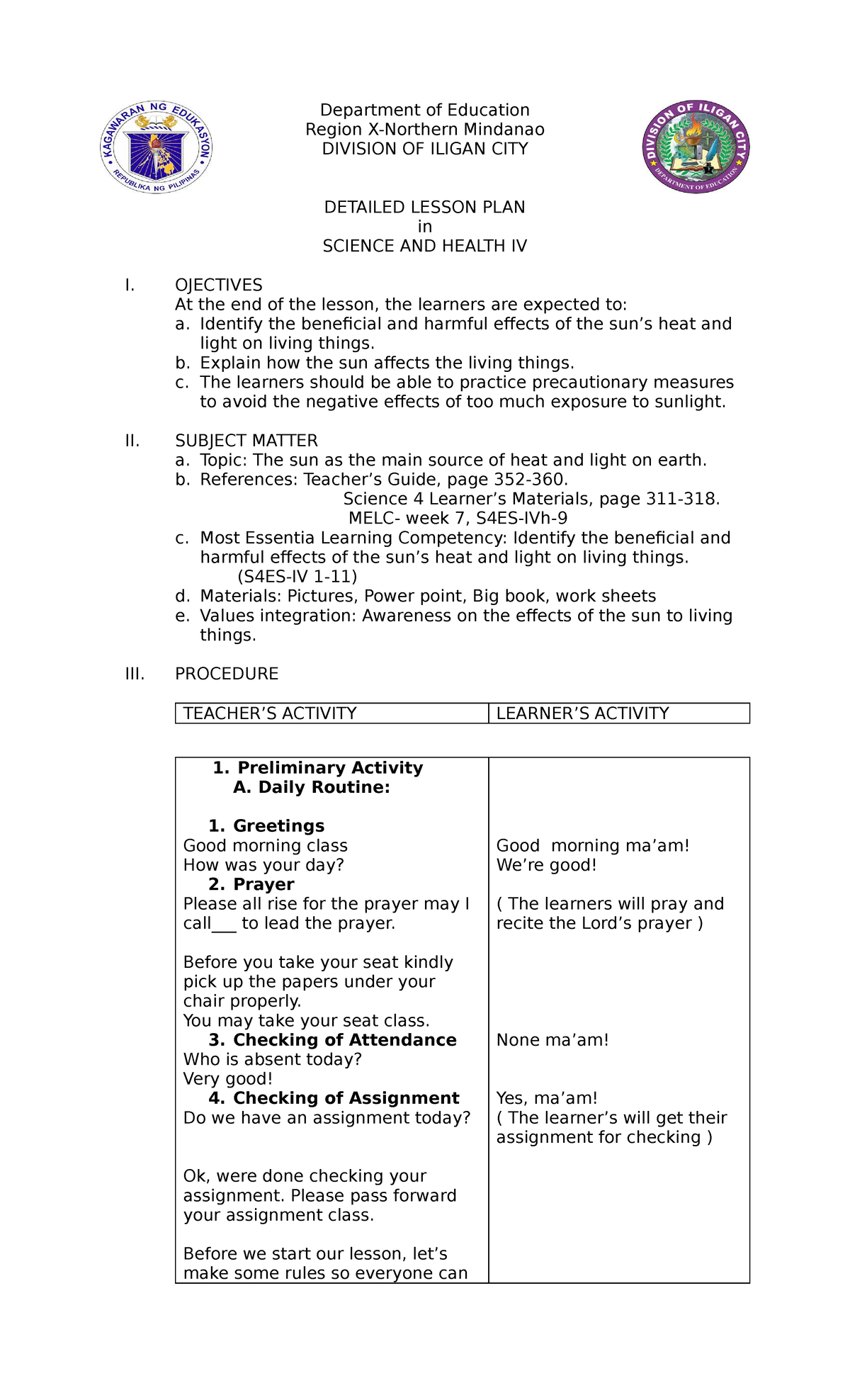 Detailed Lesson Plan: Science & Health IV - The Sun's Effects on Living ...