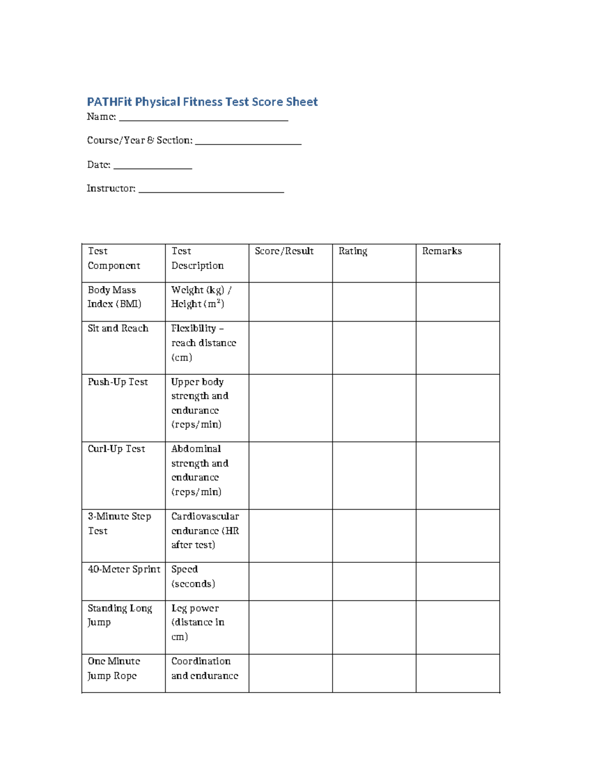 Test score sheet - PATHFit Physical Fitness Test Score Sheet Name ...