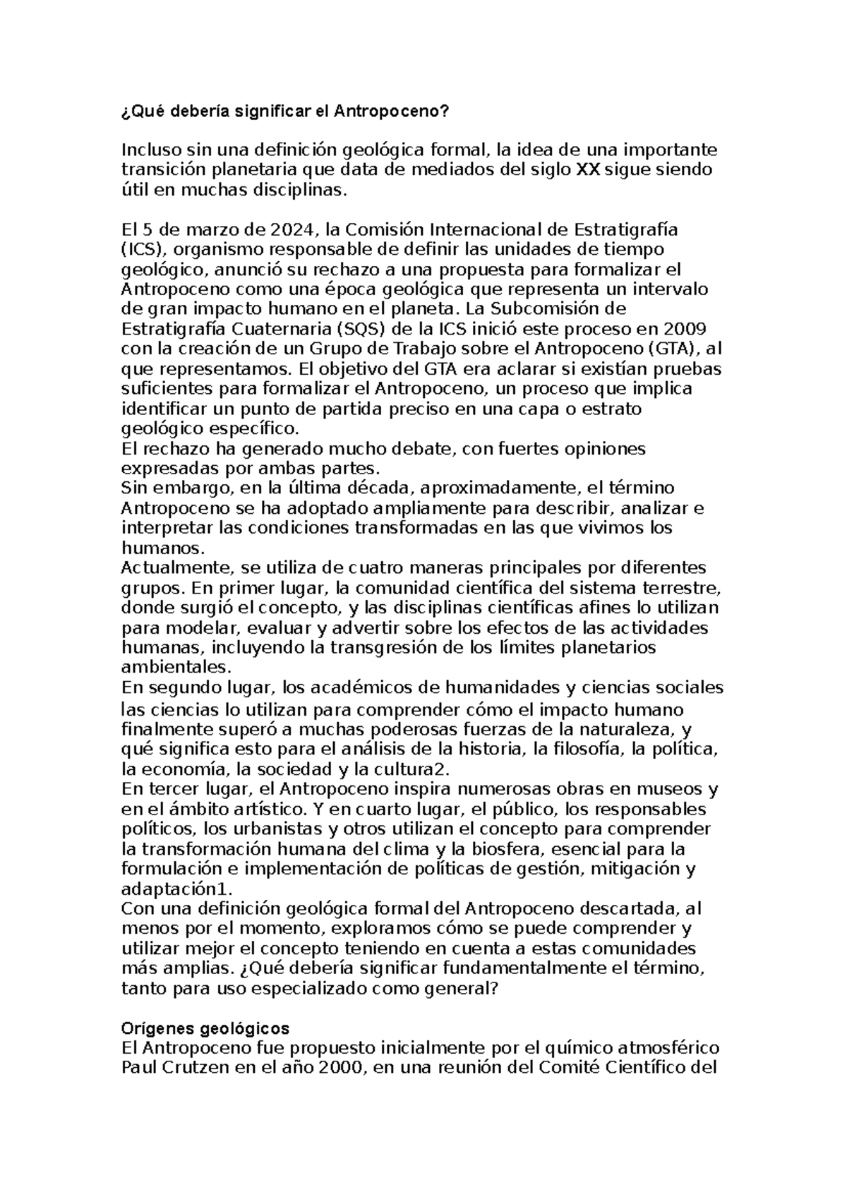Qué debería significar el Antropoceno? Análisis y Reflexiones - Studocu