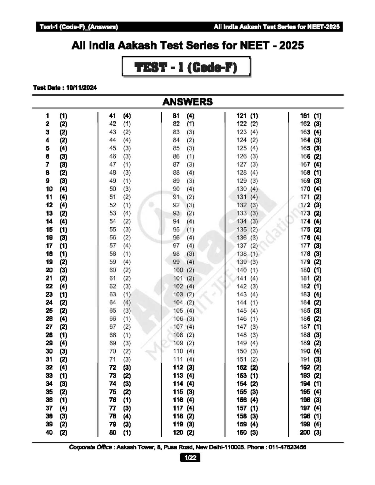 All India Aakash Test Series for NEET 2025: Test 1 Solutions - Studocu