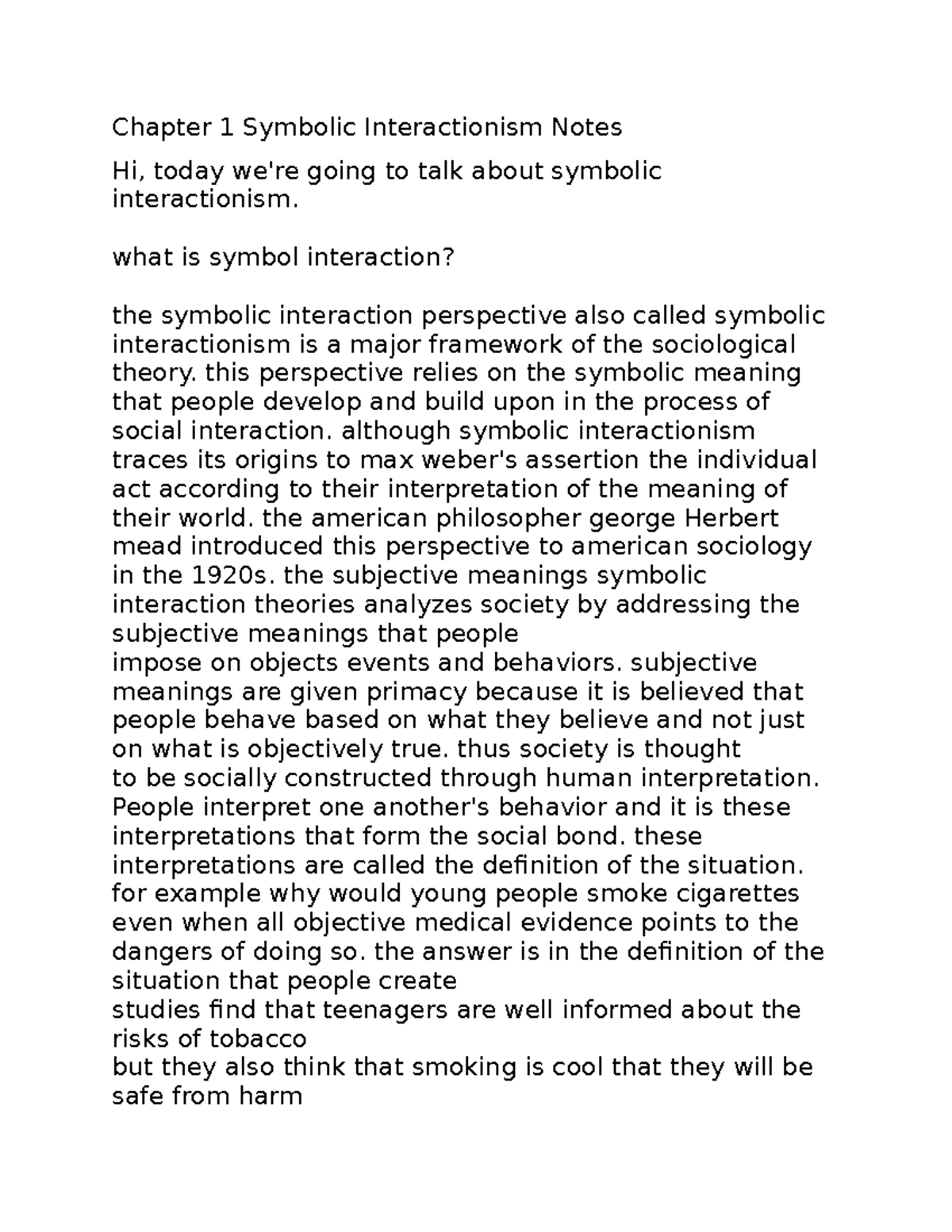 Chapter 1: Symbolic Interactionism Notes - Intro to Sociology - Studocu