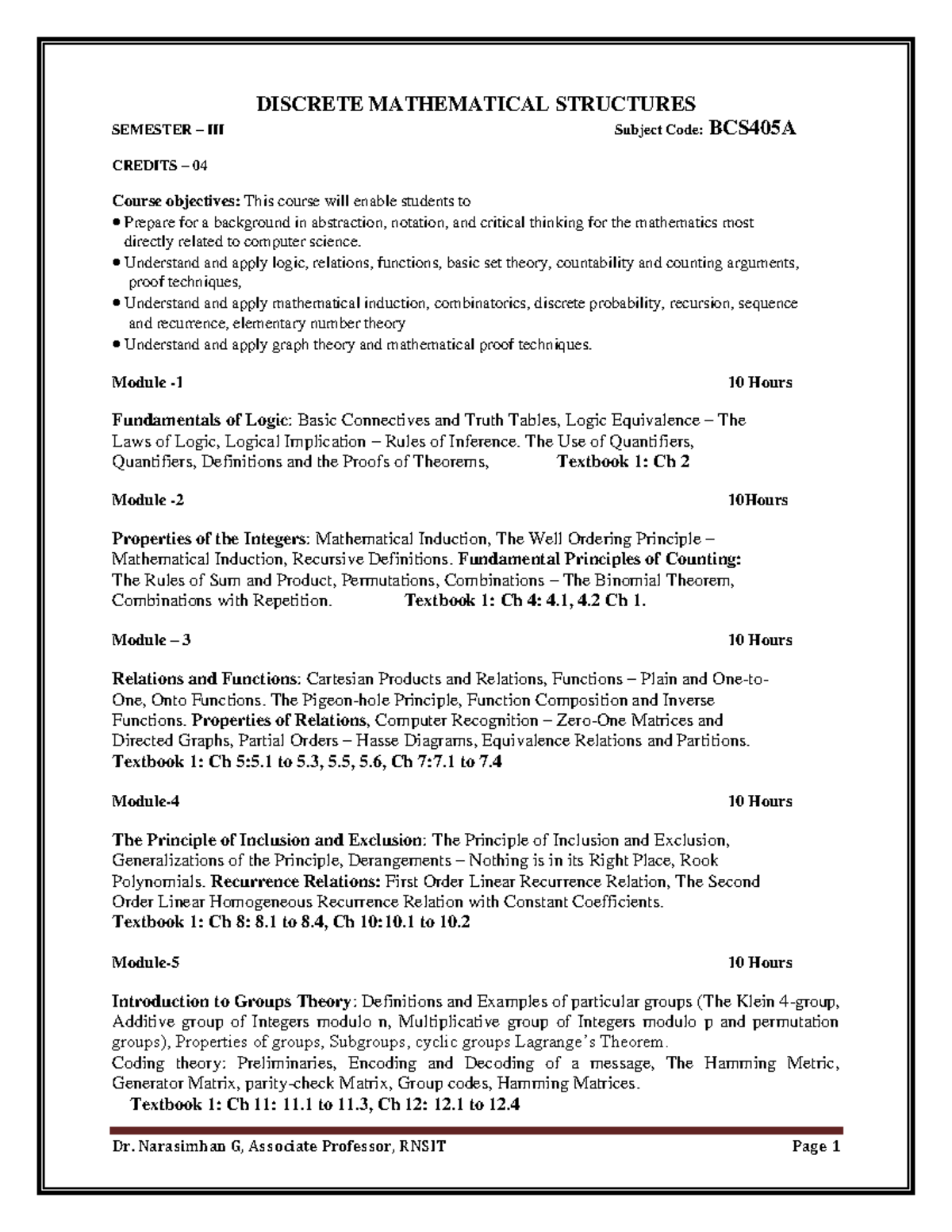 Rnsit BCS405A - Discrete Math Structures: Module 1 Notes - Studocu