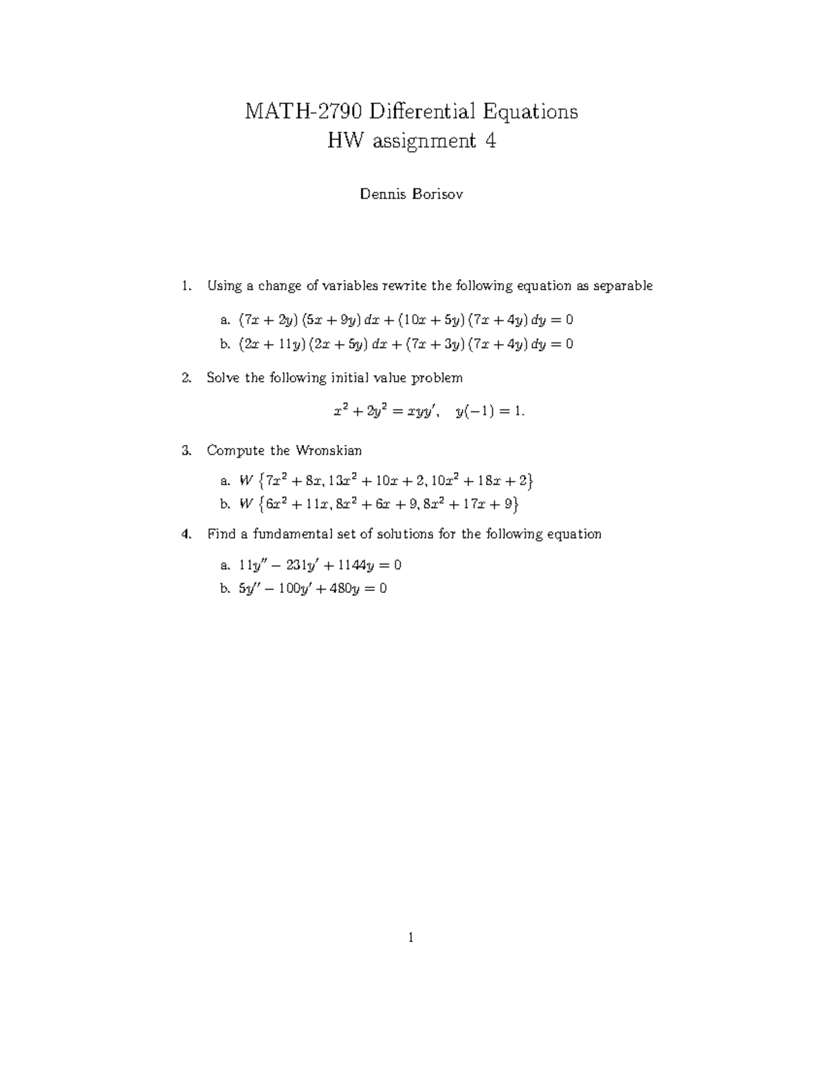 W25-DE-HW04 - Lecture notes - MATH-2790 Differential Equations HW ...