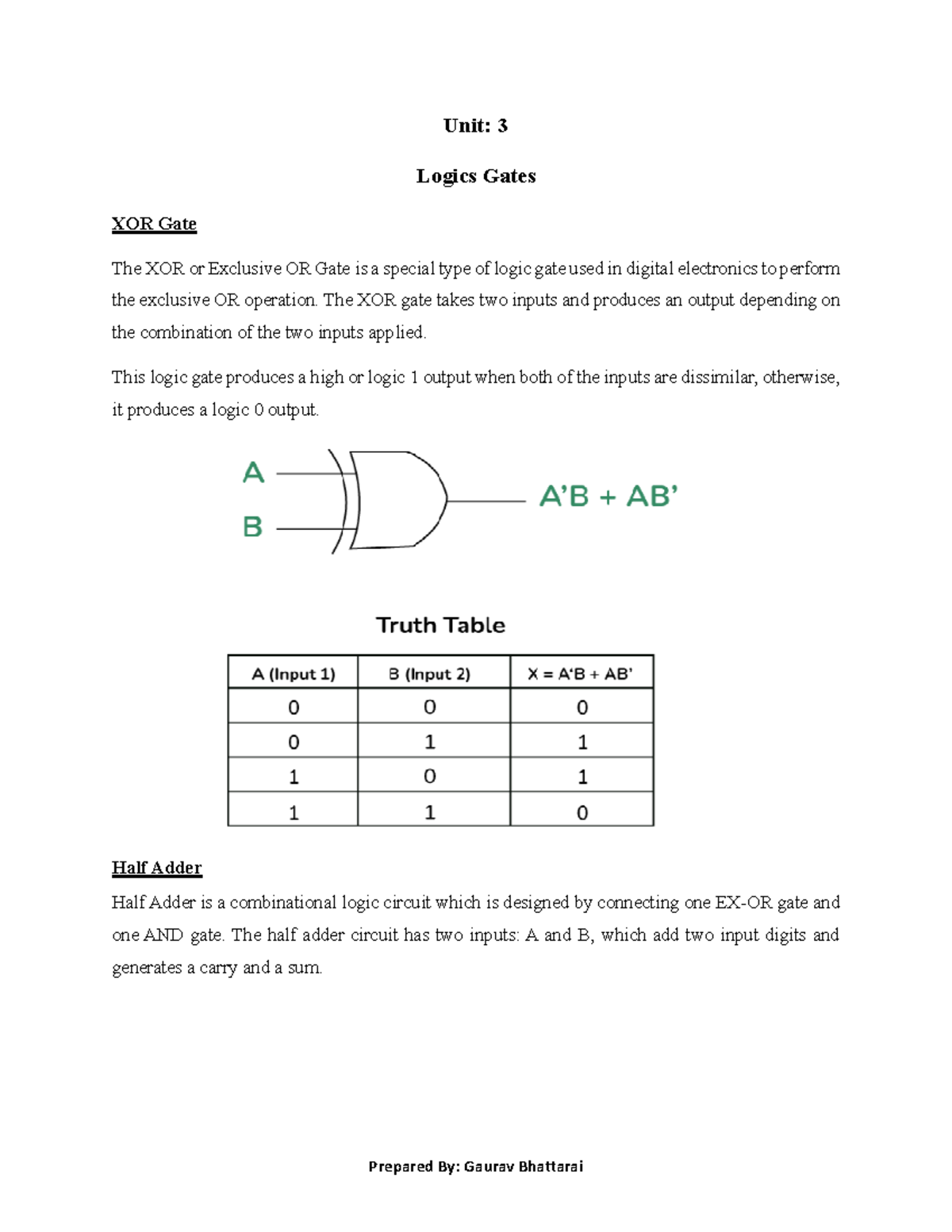 Unit 3 Adder and Flip Flop - Unit: 3 Logics Gates XOR Gate The XOR or ...