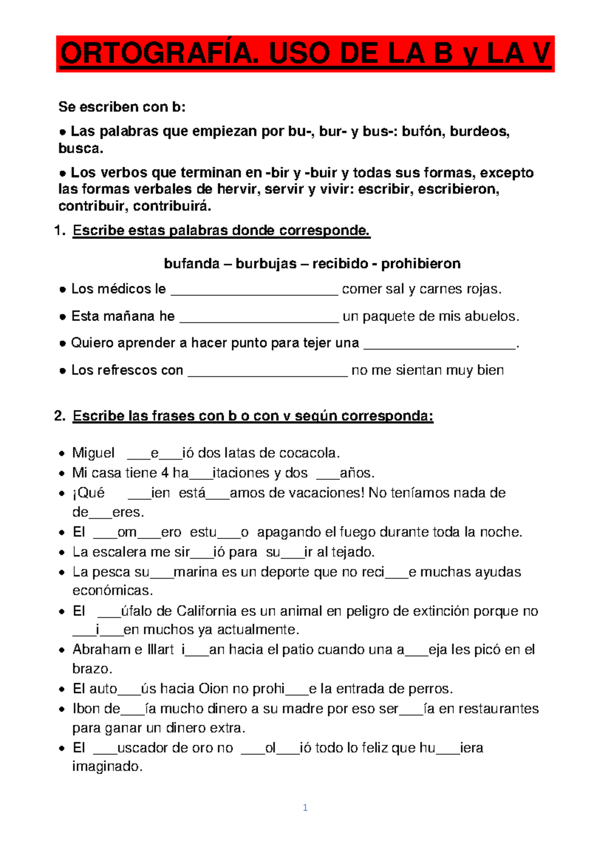 Ortografía: Uso de la B y la V - Ejercicios y Reglas - Studocu