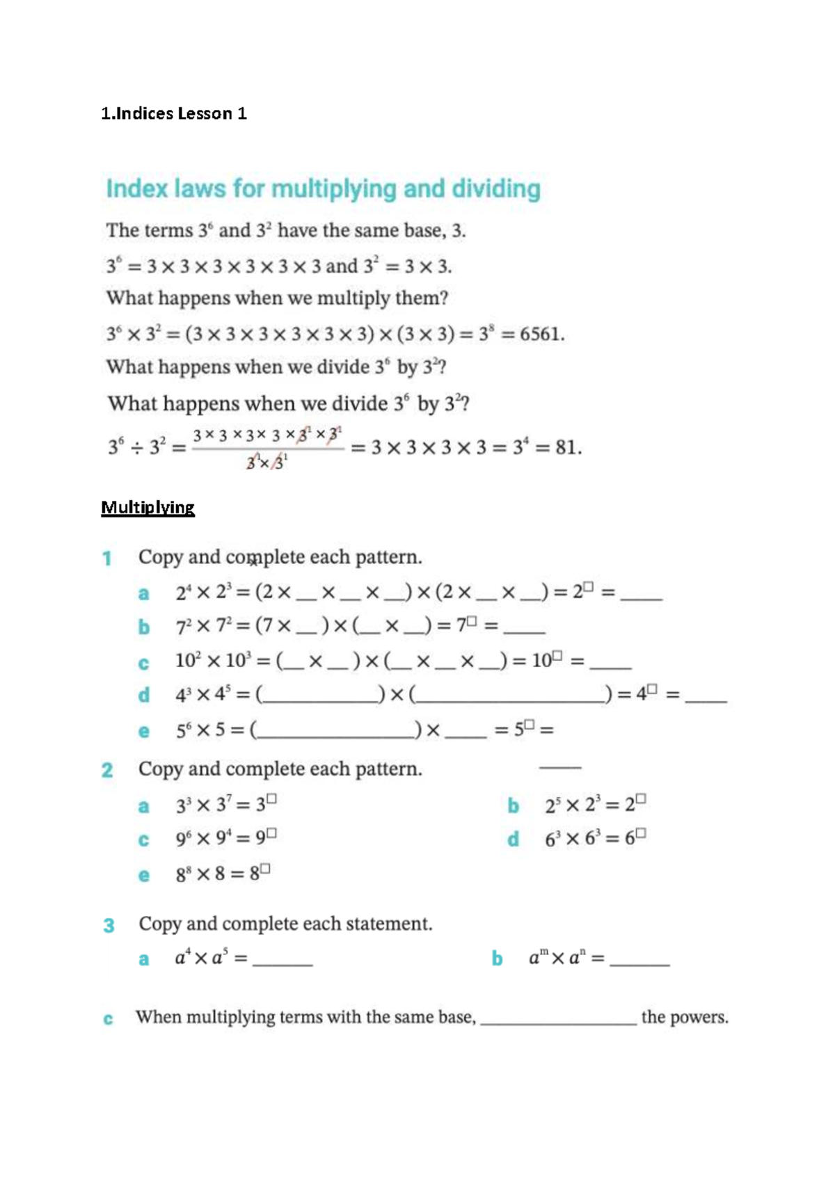 1.Lesson Index Laws - Notes - 1 Lesson 1 Index laws for multiplying and ...