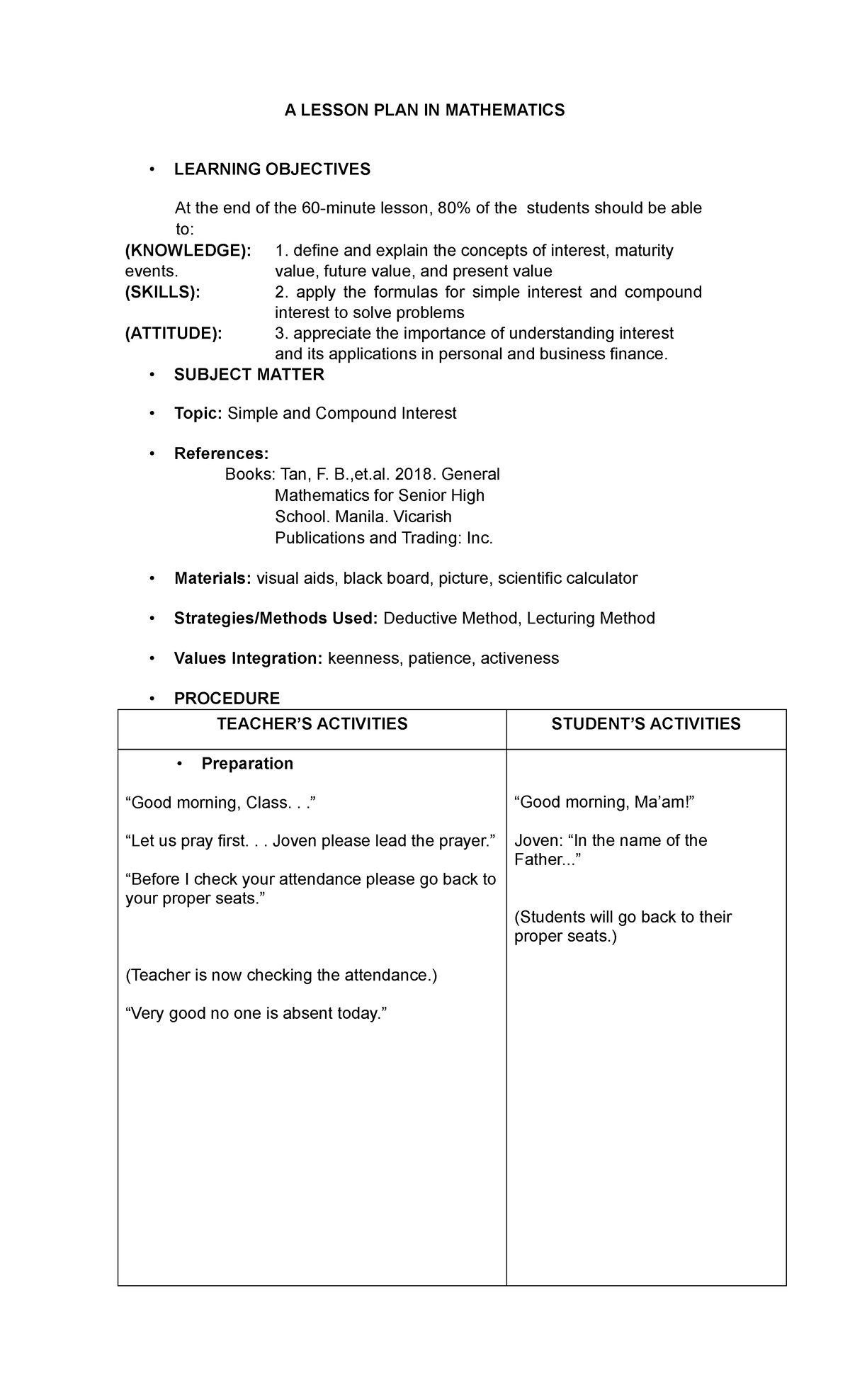 Mathematics Lesson Plan: Understanding Simple & Compound Interest (SHS ...