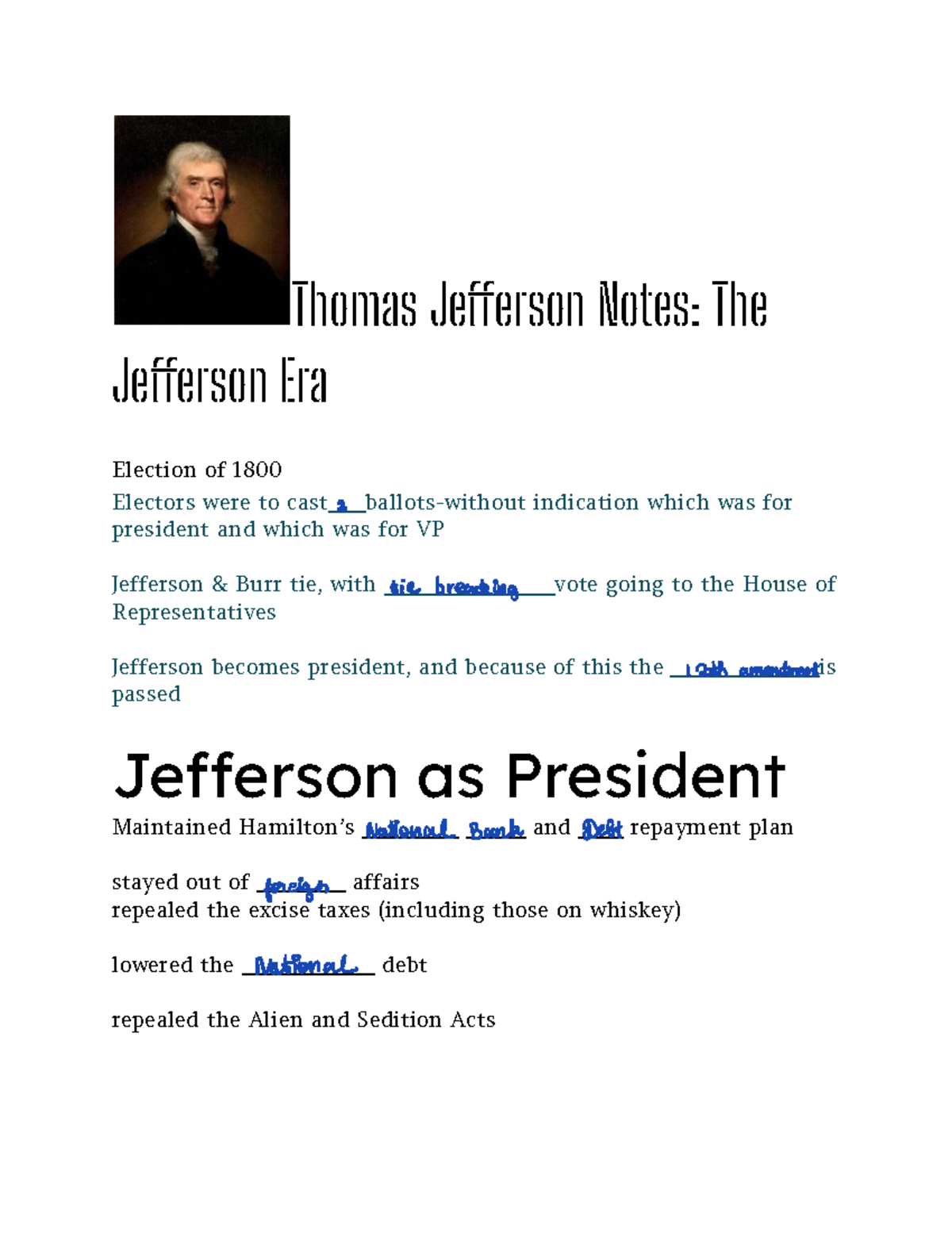 Thomas Jefferson Notes: The Jefferson Era and Election of 1800 - Studocu