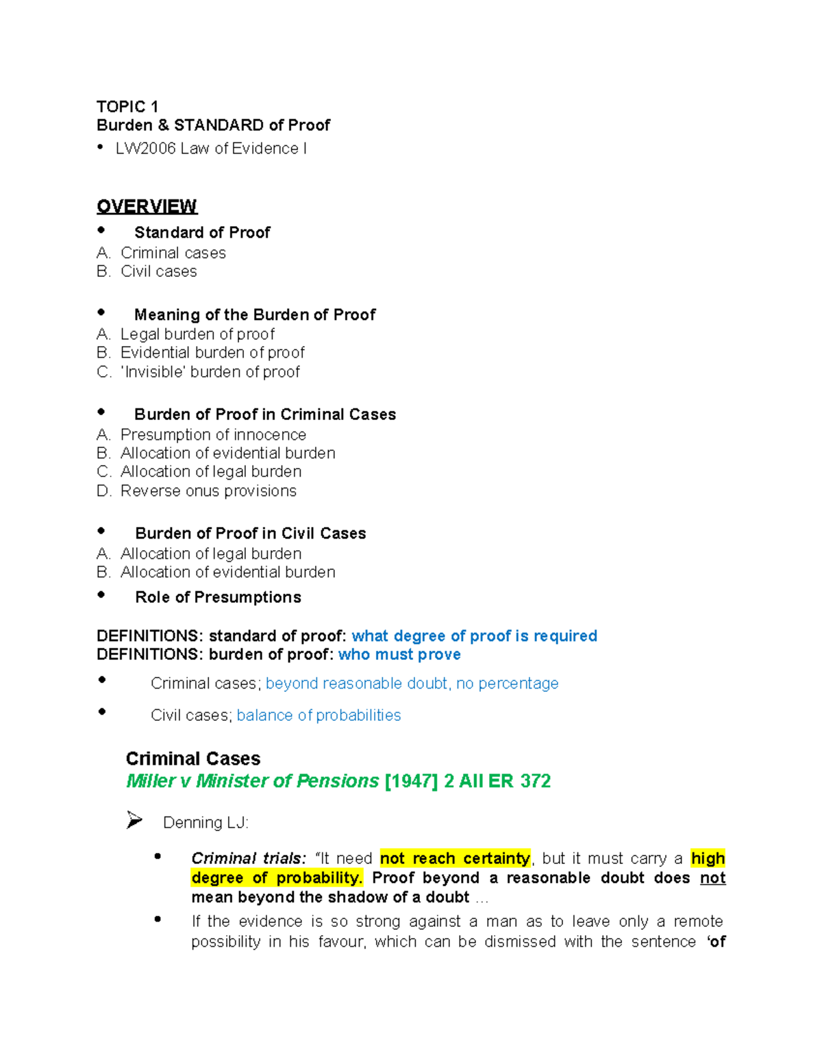 LW2006 Law of Evidence I: Topic 1 - Burden & Standard of Proof Notes ...