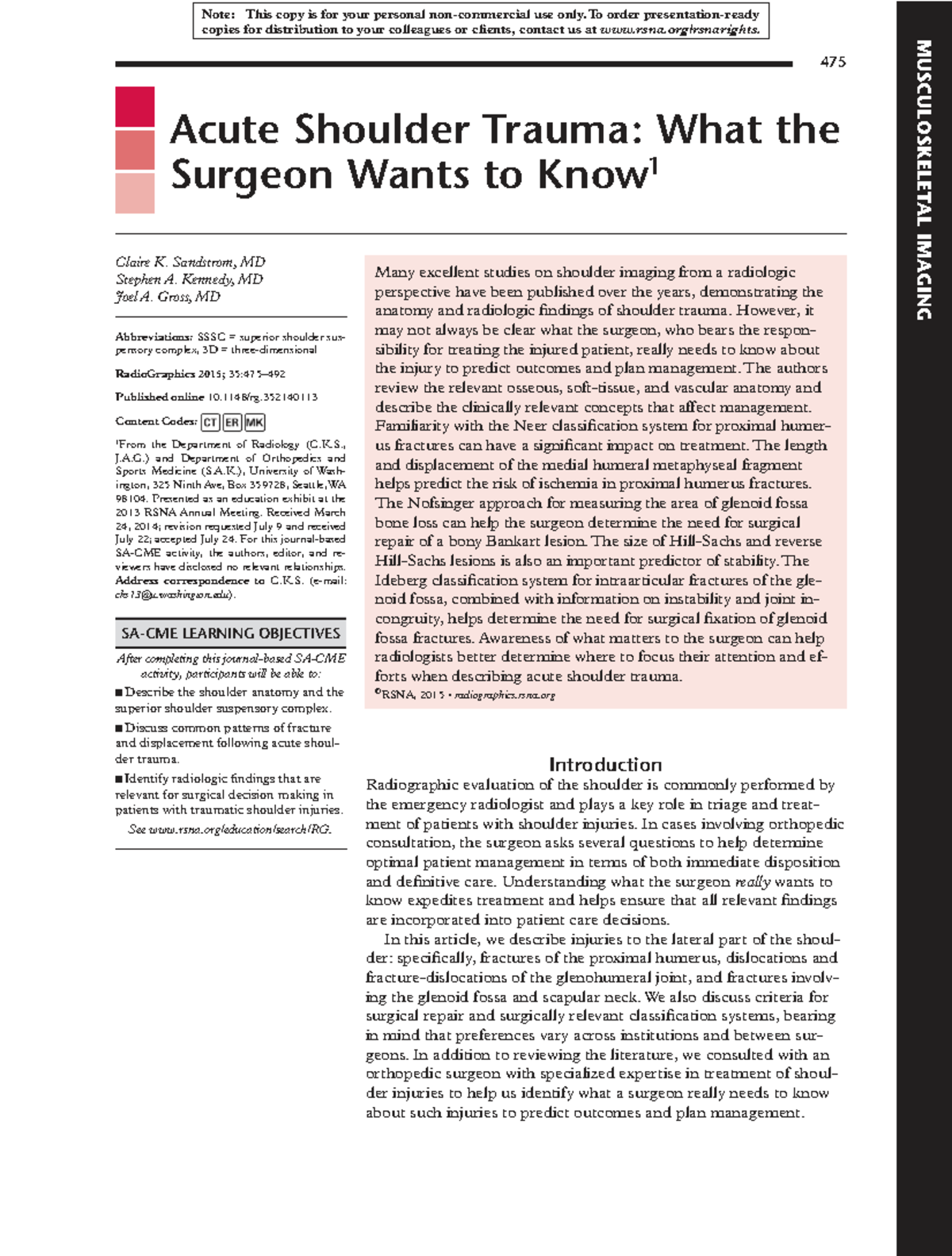 Acute Shoulder Trauma: Insights for Surgeons (RSNA 2015) - Studocu