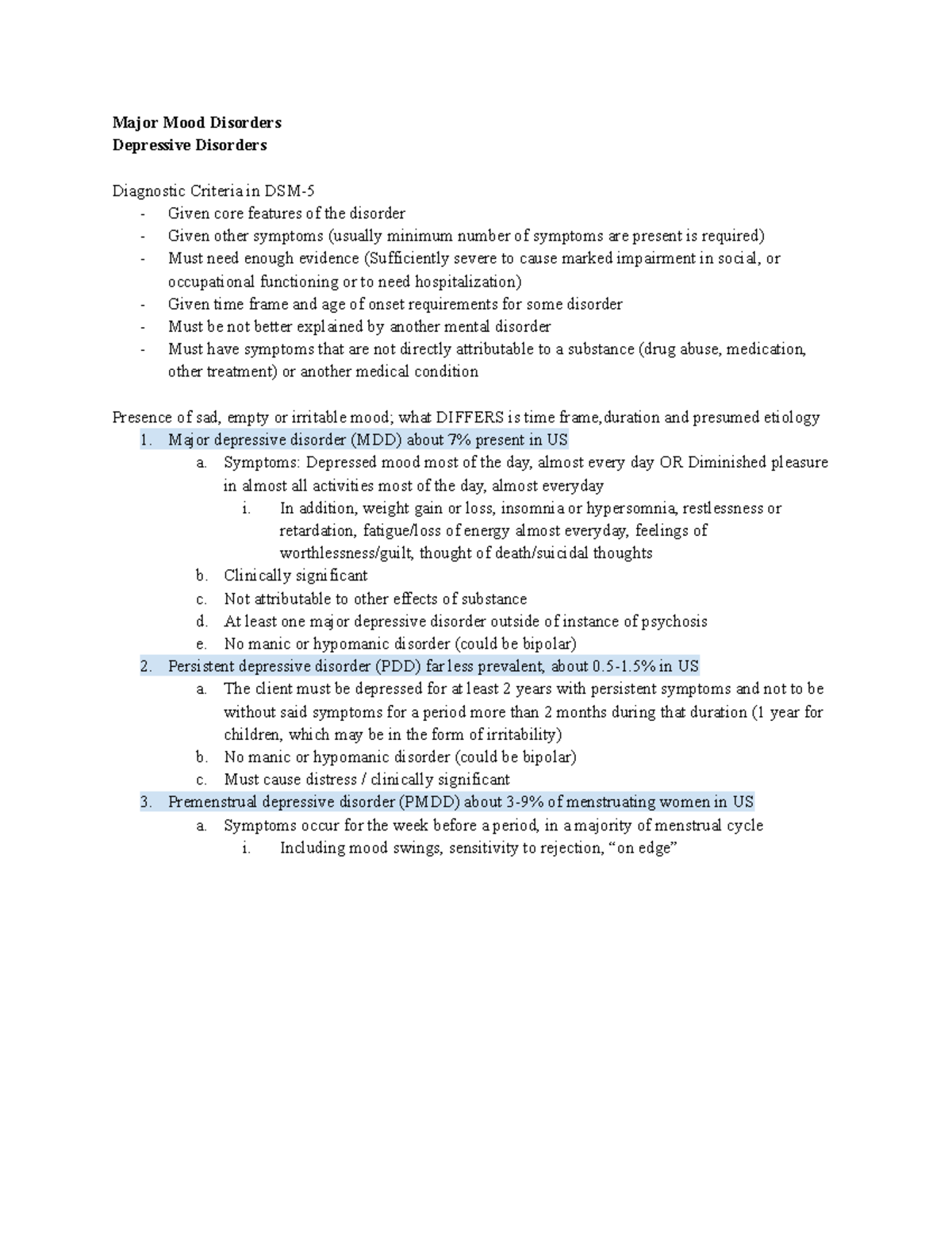 Introduction to Major Mood Disorders: DSM-5 Criteria & Treatments - Studocu