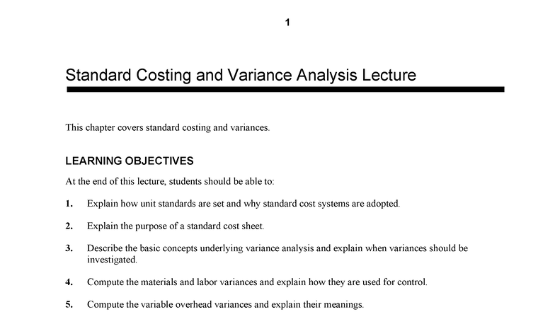 Standard Costing & Variance Analysis Lecture (Course Code: Standard C) - Studocu