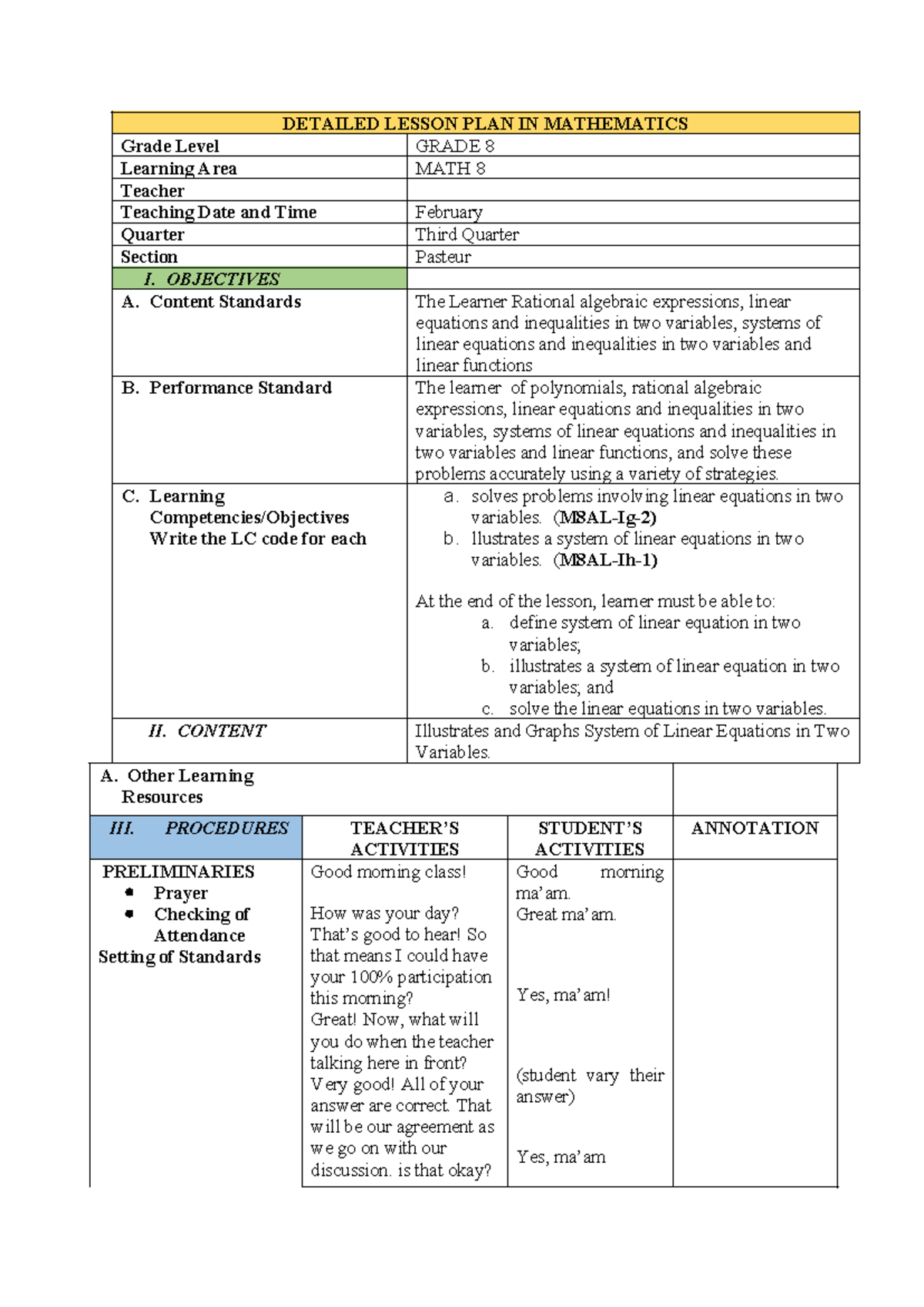 Detailed Lesson Plan: Linear Equations in MATH 8 for Grade 8 - Studocu
