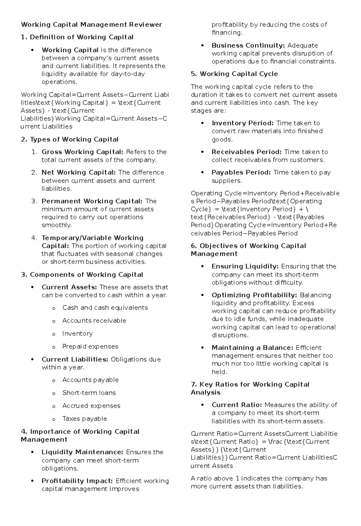 Working Capital Management Review: Key Concepts & Strategies - Studocu