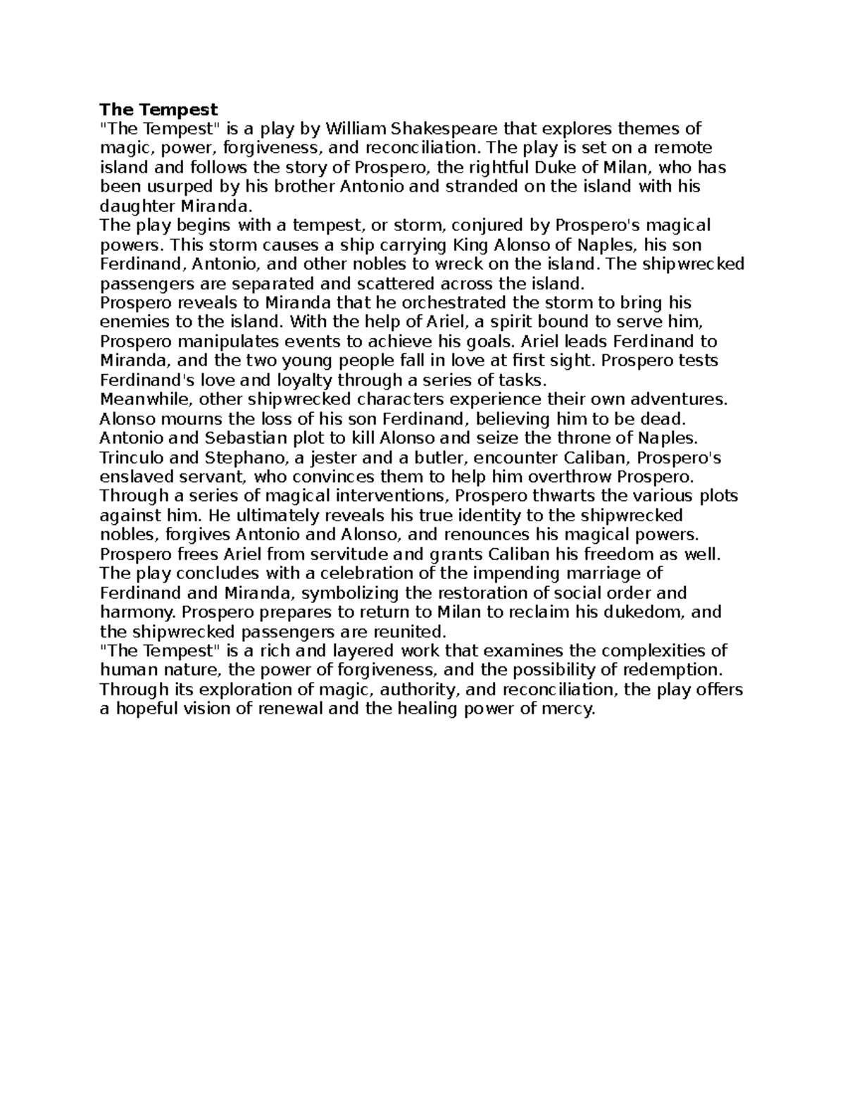 The Tempest (ENG101): Summary of Shakespeare's Themes and Plot - Studocu