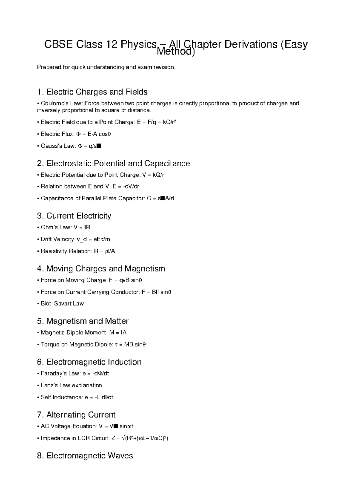 CBSE Class 12 Physics All Chapter Derivations for Quick Revision - Studocu