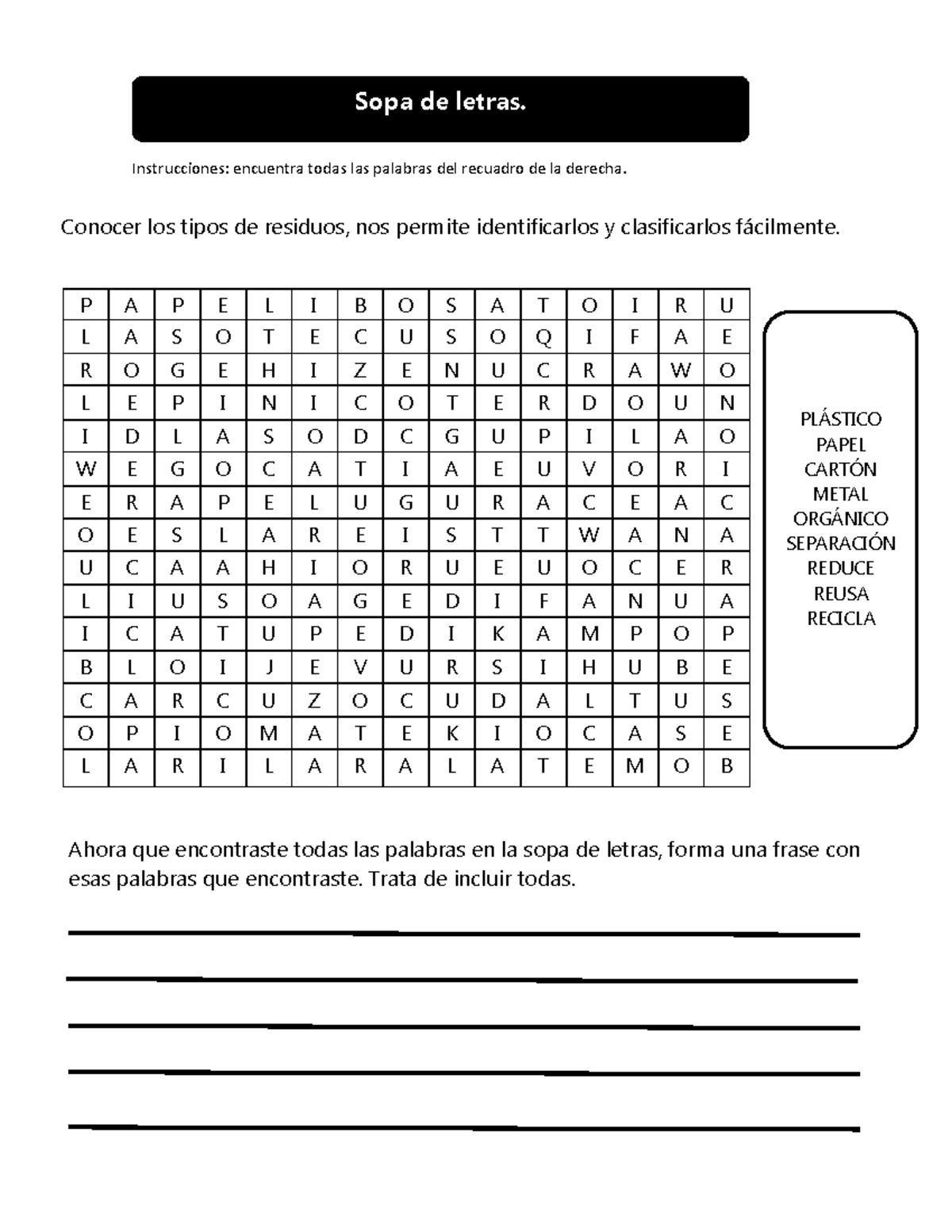 Crucigrama y Sopa de Letras: Tipos de Residuos y Clasificación - Studocu