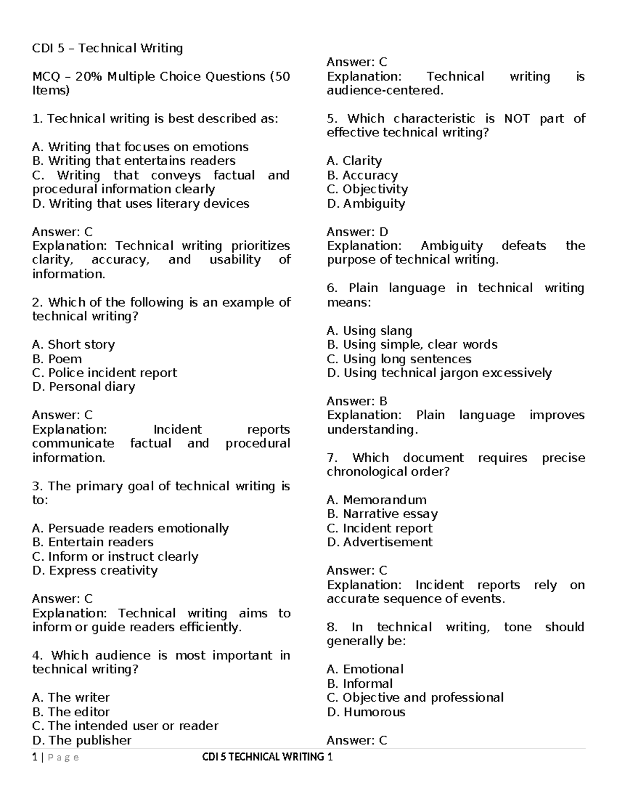 CDI 5 Technical Writing MCQ Review: 50 Key Questions and Answers - Studocu