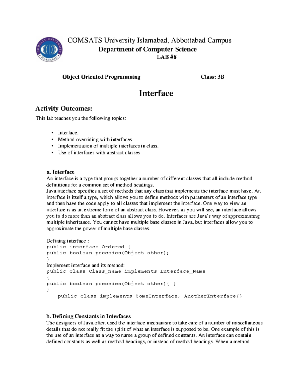 CS-3B Lab #8: Exploring Interfaces in Object Oriented Programming - Studocu