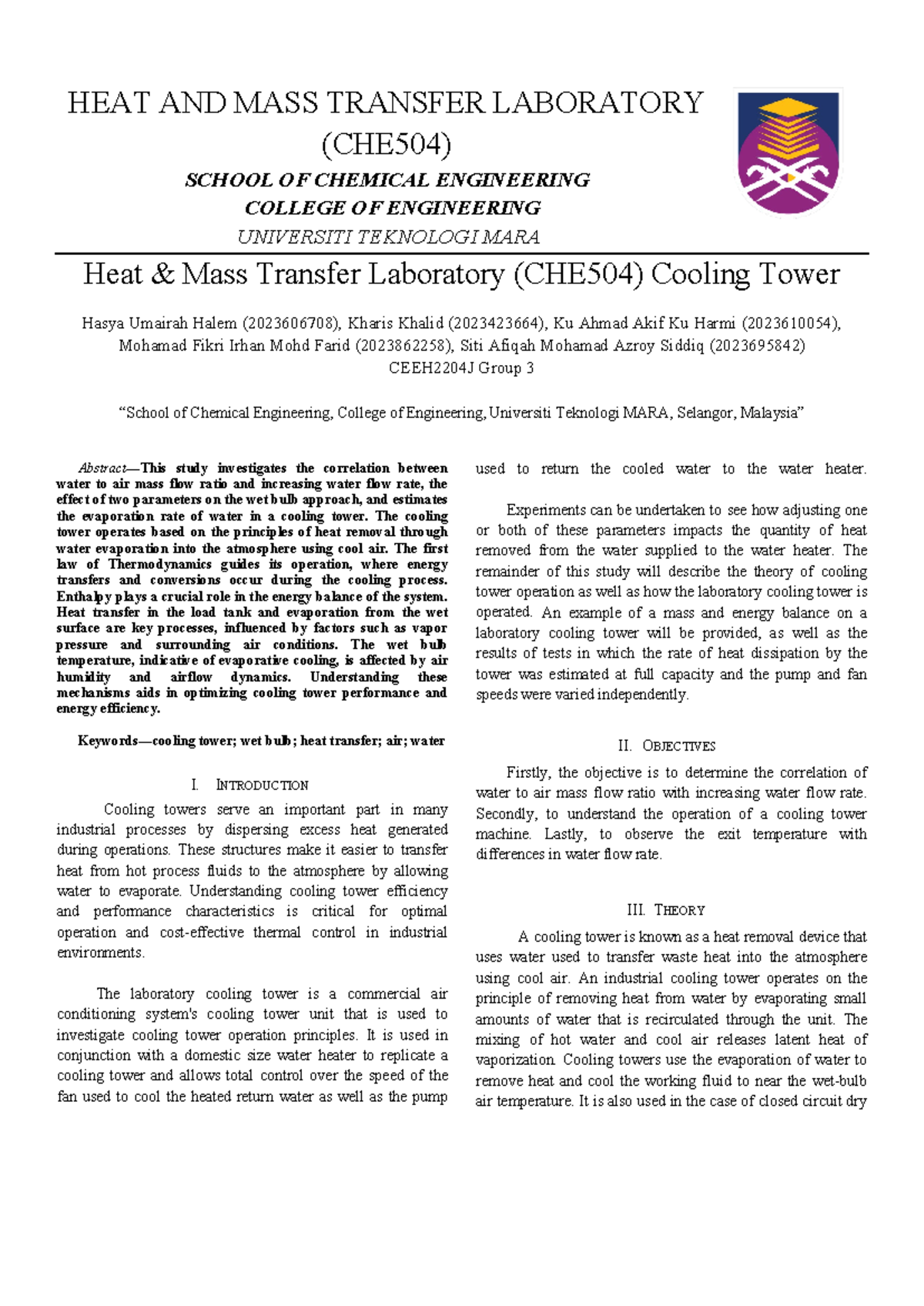 (CHE504) Heat & Mass Transfer Lab: Cooling Tower Experiment Group 3 ...