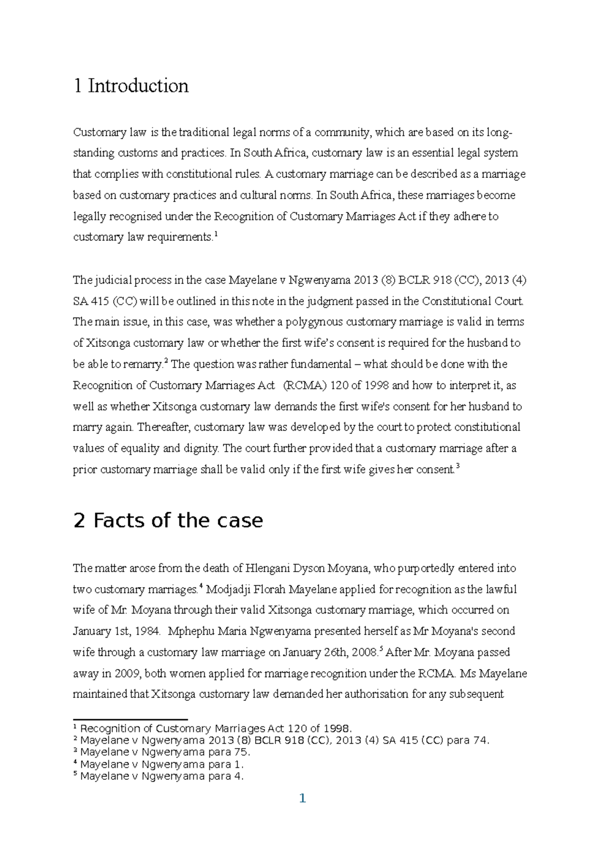 Customary Law & Polygynous Marriages: Mayelane v Ngwenyama Case Study - Studocu