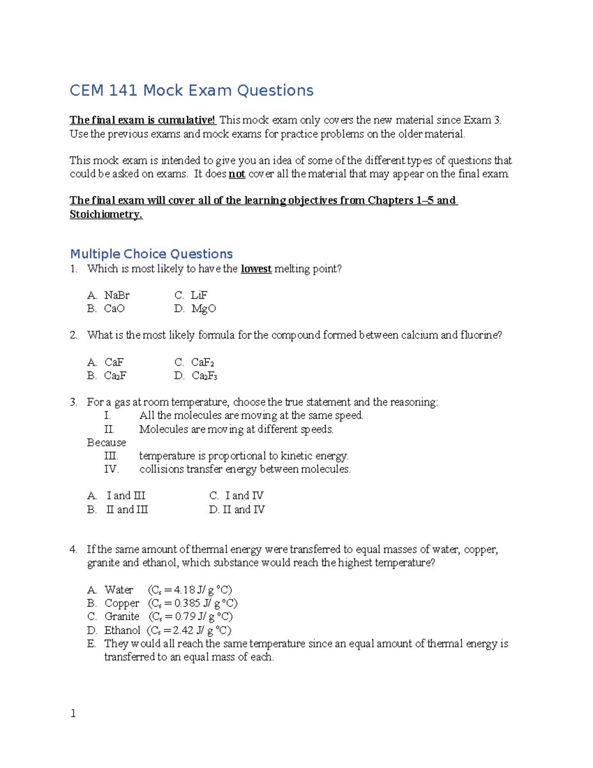 CEM 141 Final Mock Exam Questions and Answers Guide - Studocu