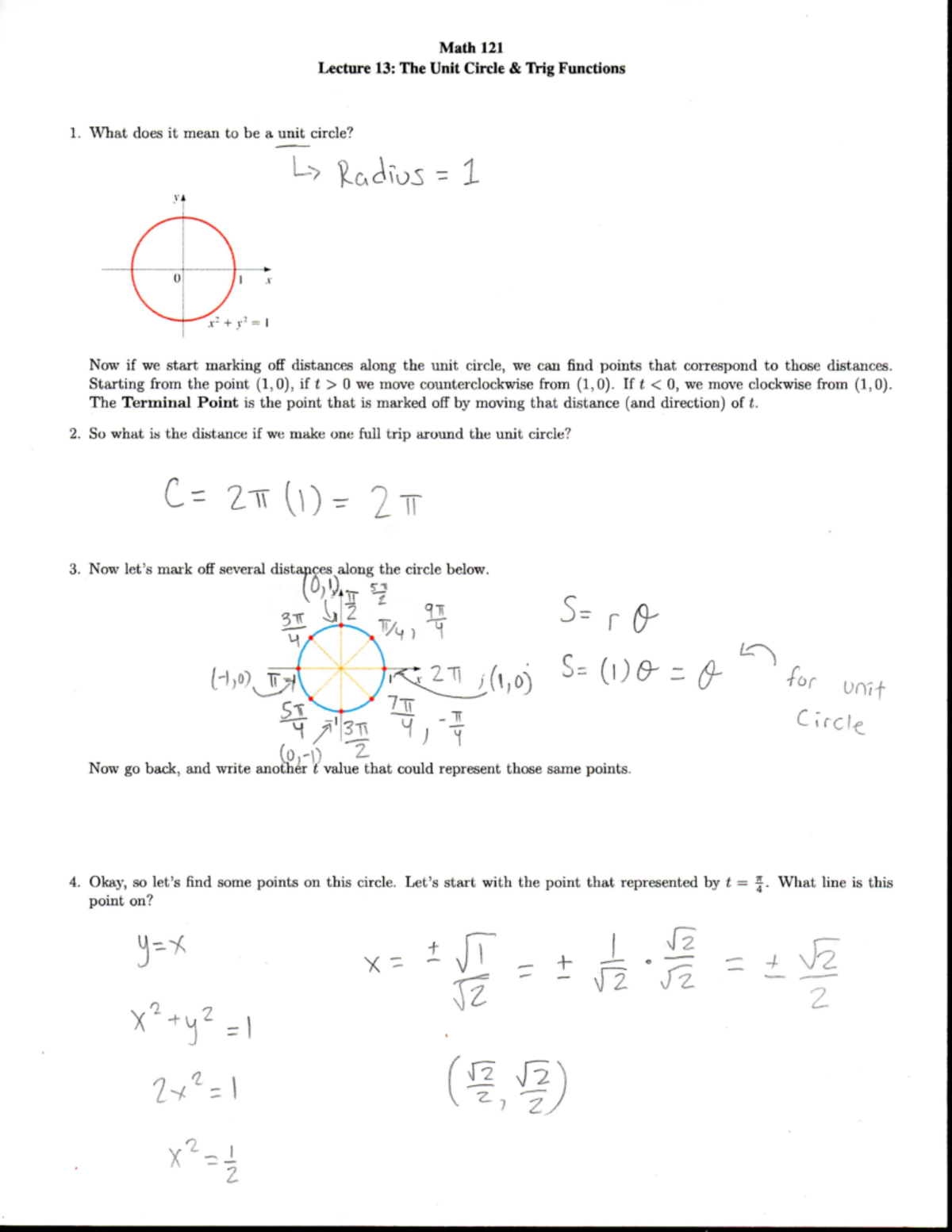 Math 121 The Unit Circle 13 - Math 121 Lecture 13: The Unit Circle Trig ...