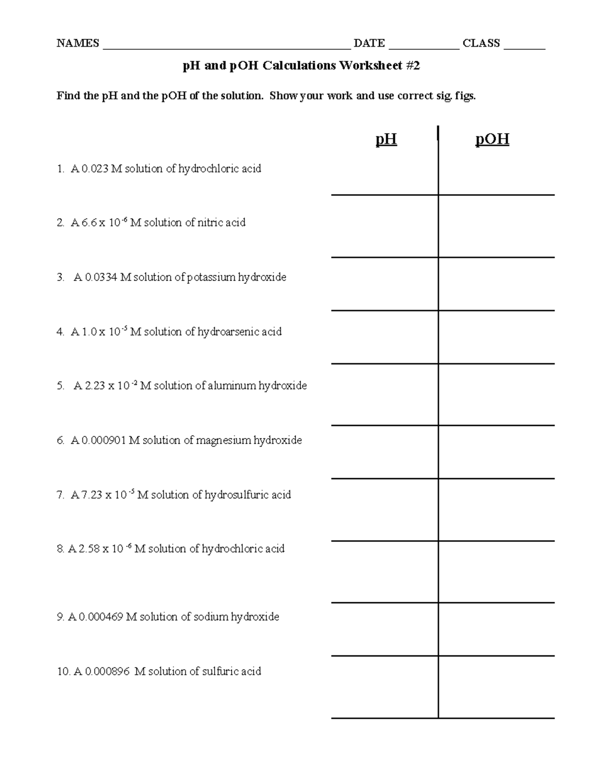 pH and pOH Calculations Worksheet #2 for Chemistry Class - Studocu