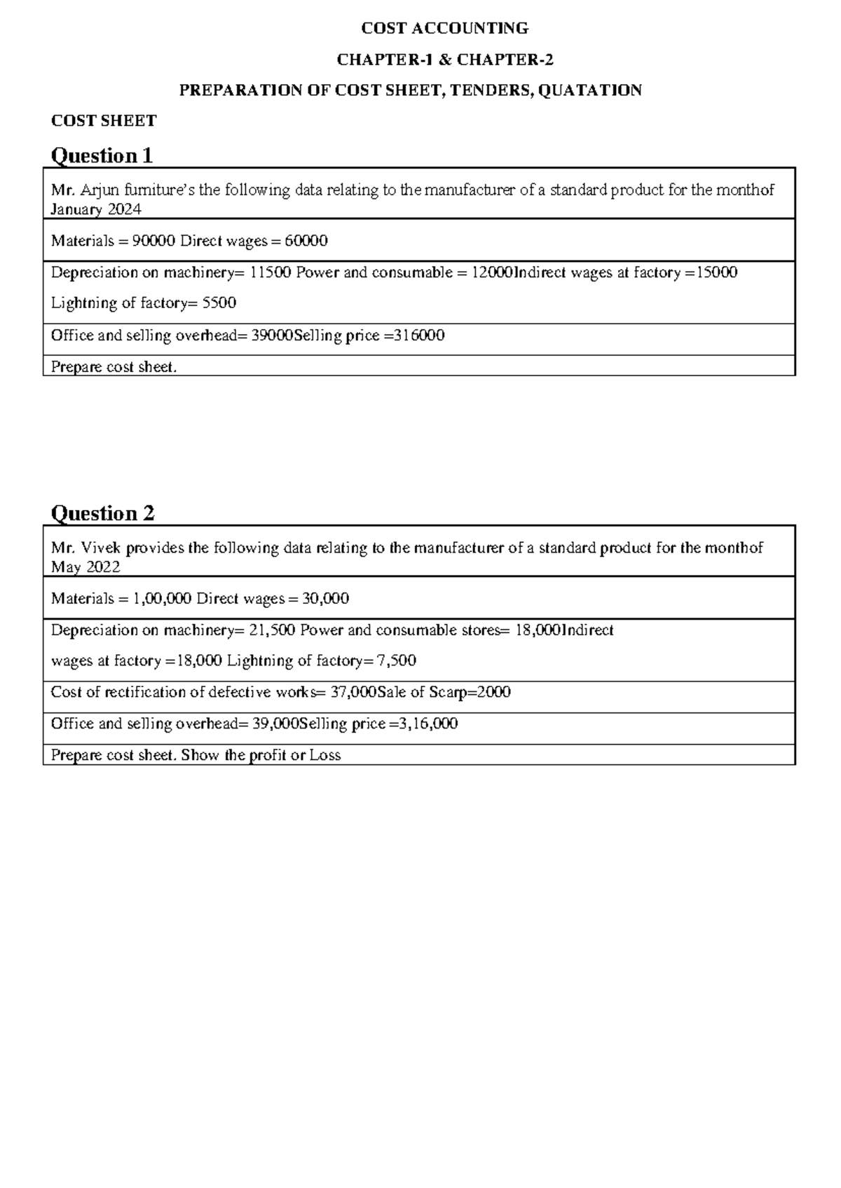 Cost Accounting: Key Problems & Model Paper on Cost Sheet Prep - Studocu
