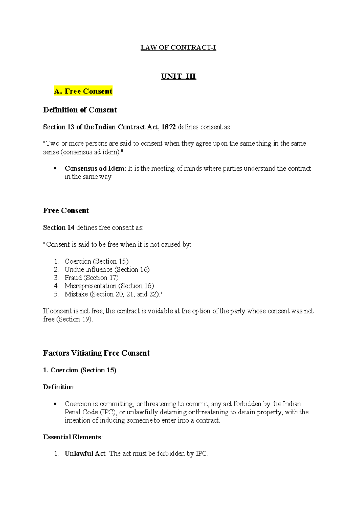 LAW OF Contract-I: Detailed Notes on Units III & IV - Free Consent ...