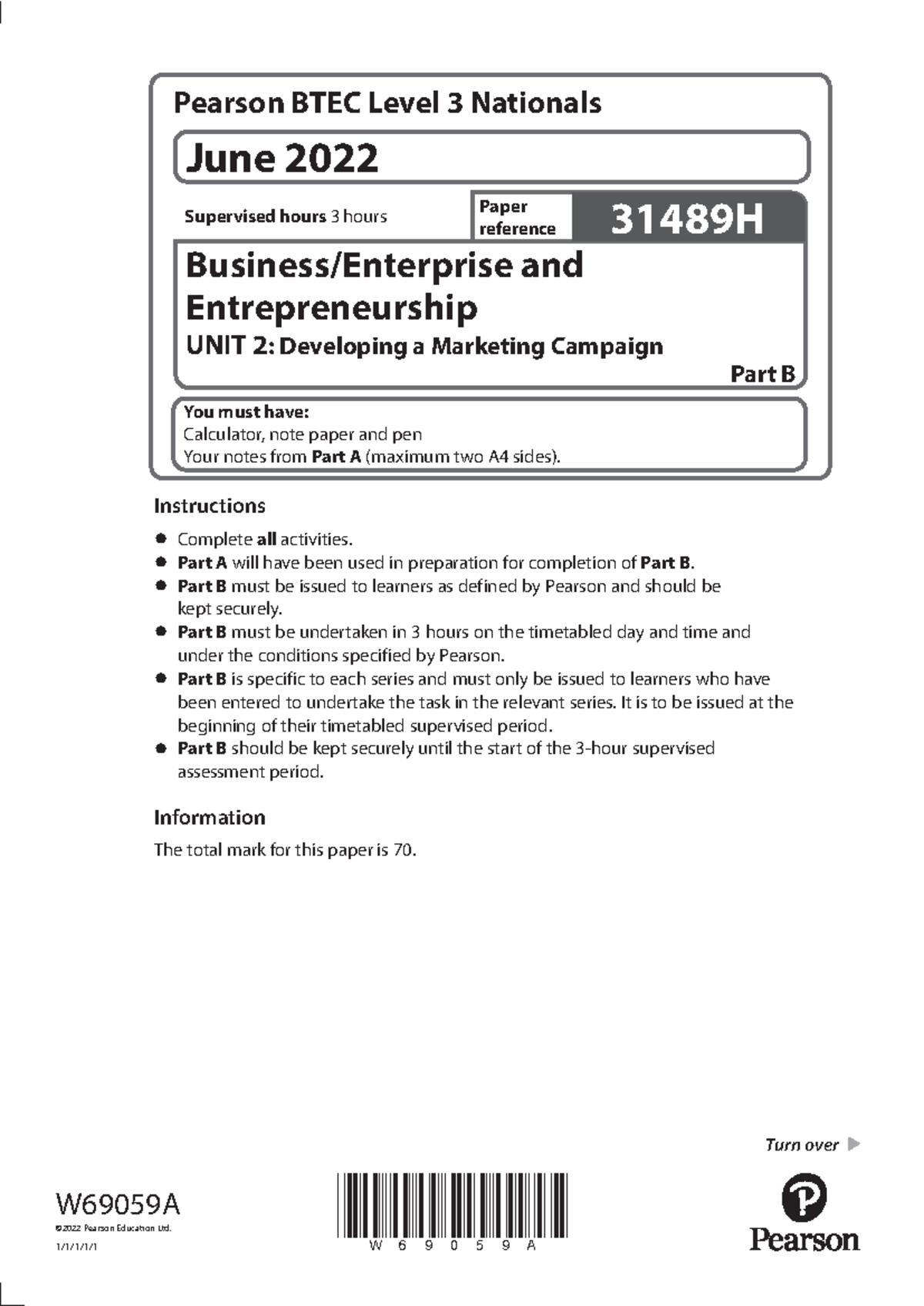 Part B June 2022 Wholly Nutritious - Turn over Paper reference W69059A ...