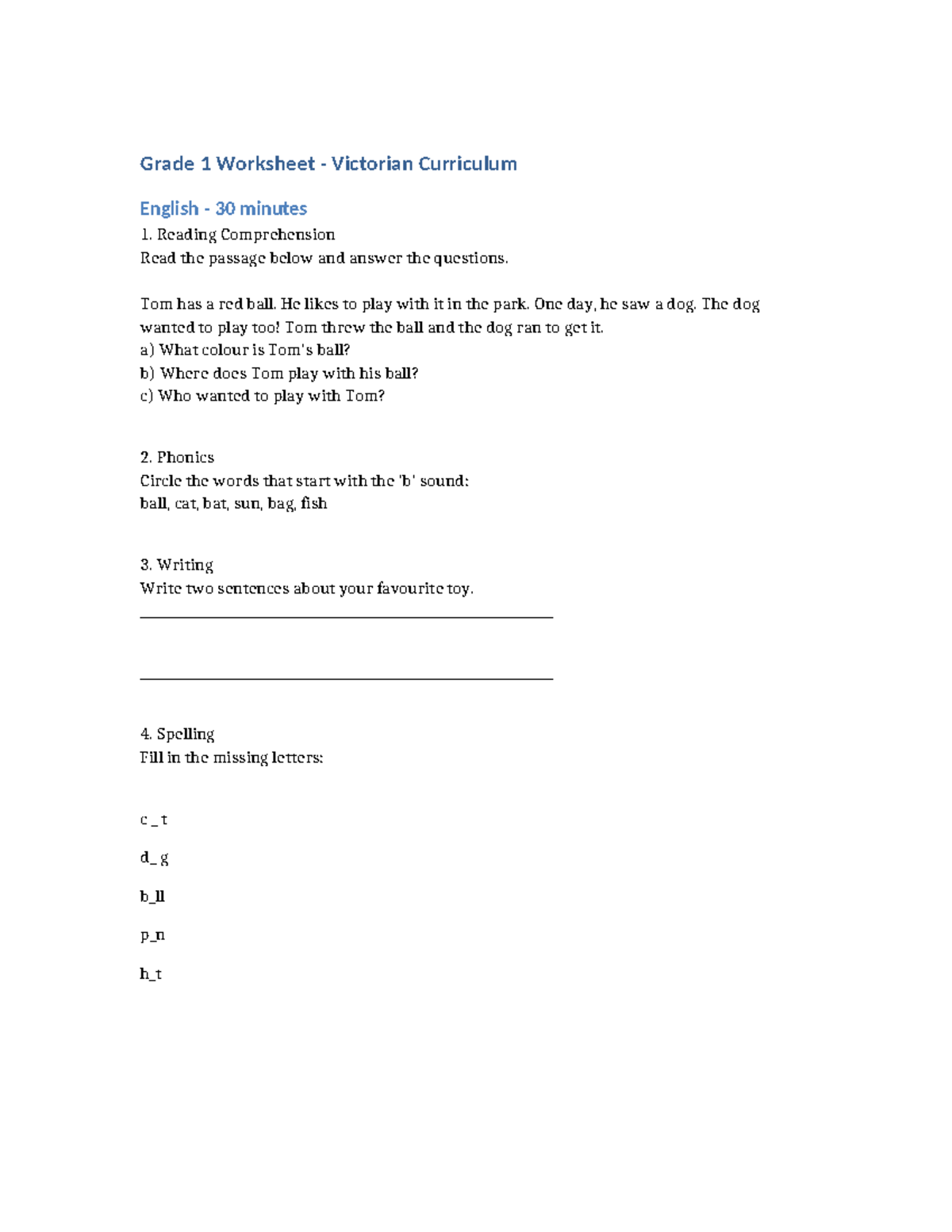 Grade 1 Worksheet: English & Math Activities (VIC) - Studocu