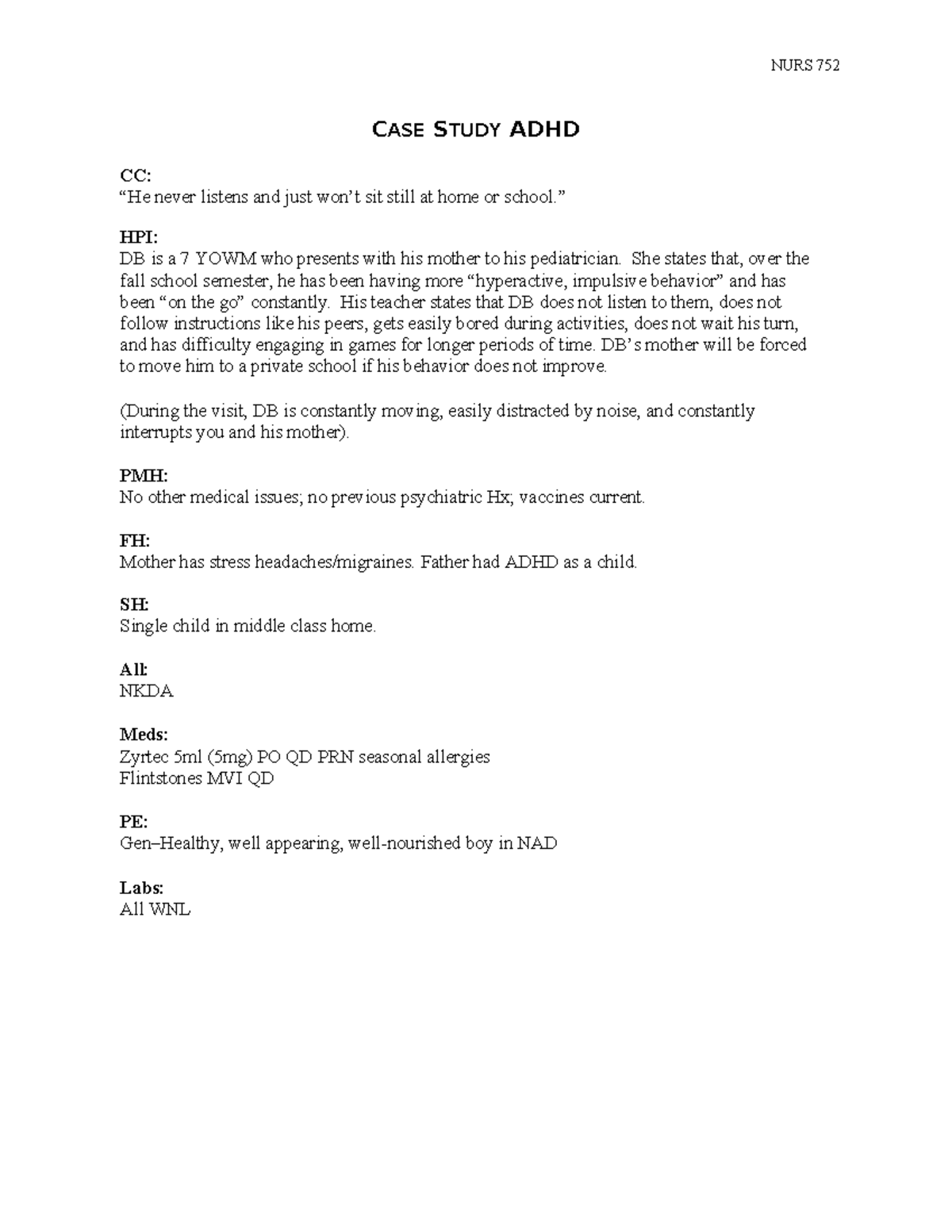 NURS 752 Case Study: ADHD in a 7-Year-Old Male Patient - Studocu