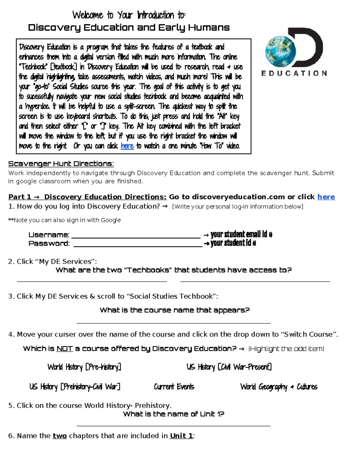 DE Scavenger Hunt: Navigating Discovery Education for Early Humans ...