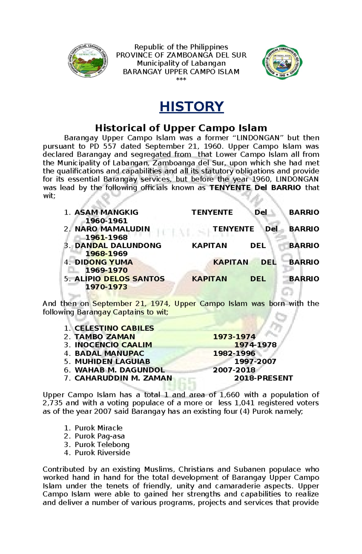 History of Barangay Upper Campo Islam, Labangan, Zamboanga del Sur ...