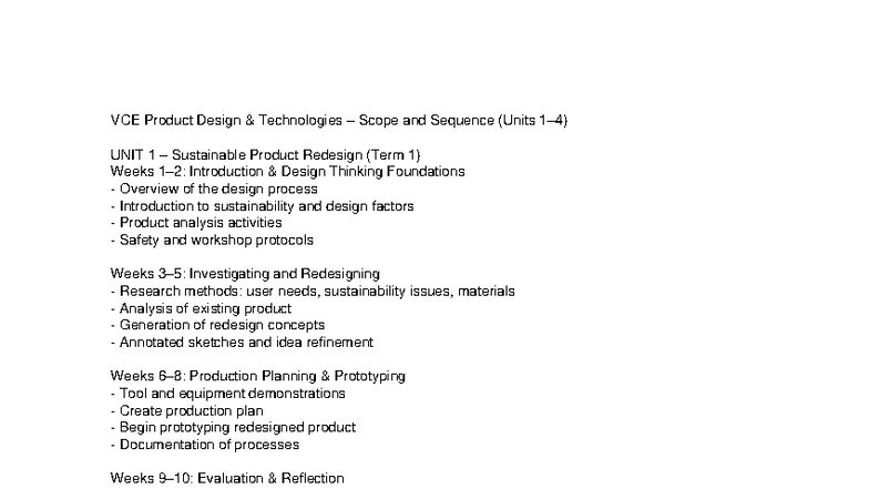 VCE Product Design Technologies Scope & Sequence Overview - Studocu