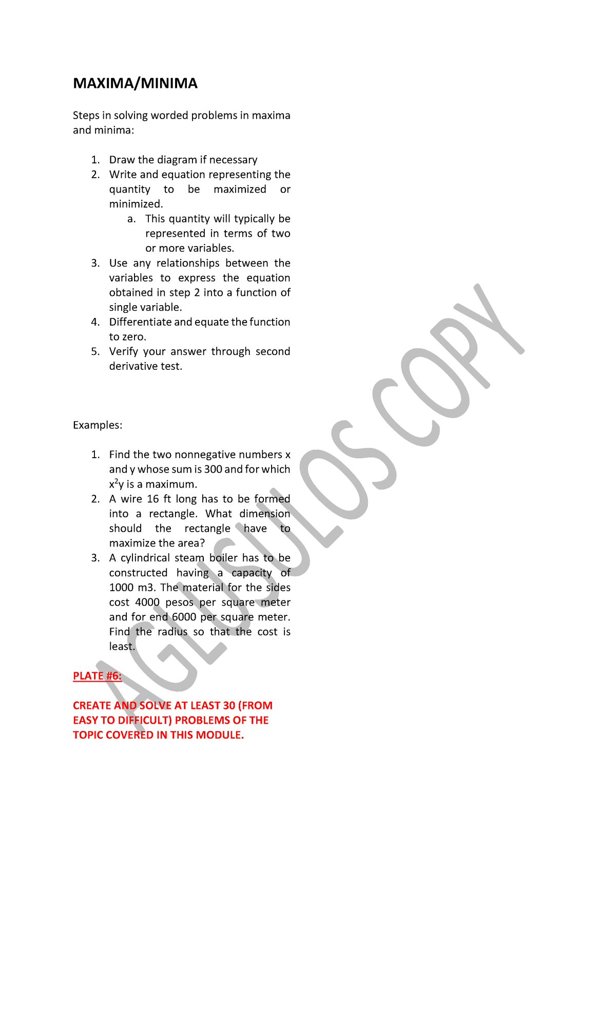 Differential Calculus- Module 6 - MAXIMA/MINIMA Steps in solving worded ...