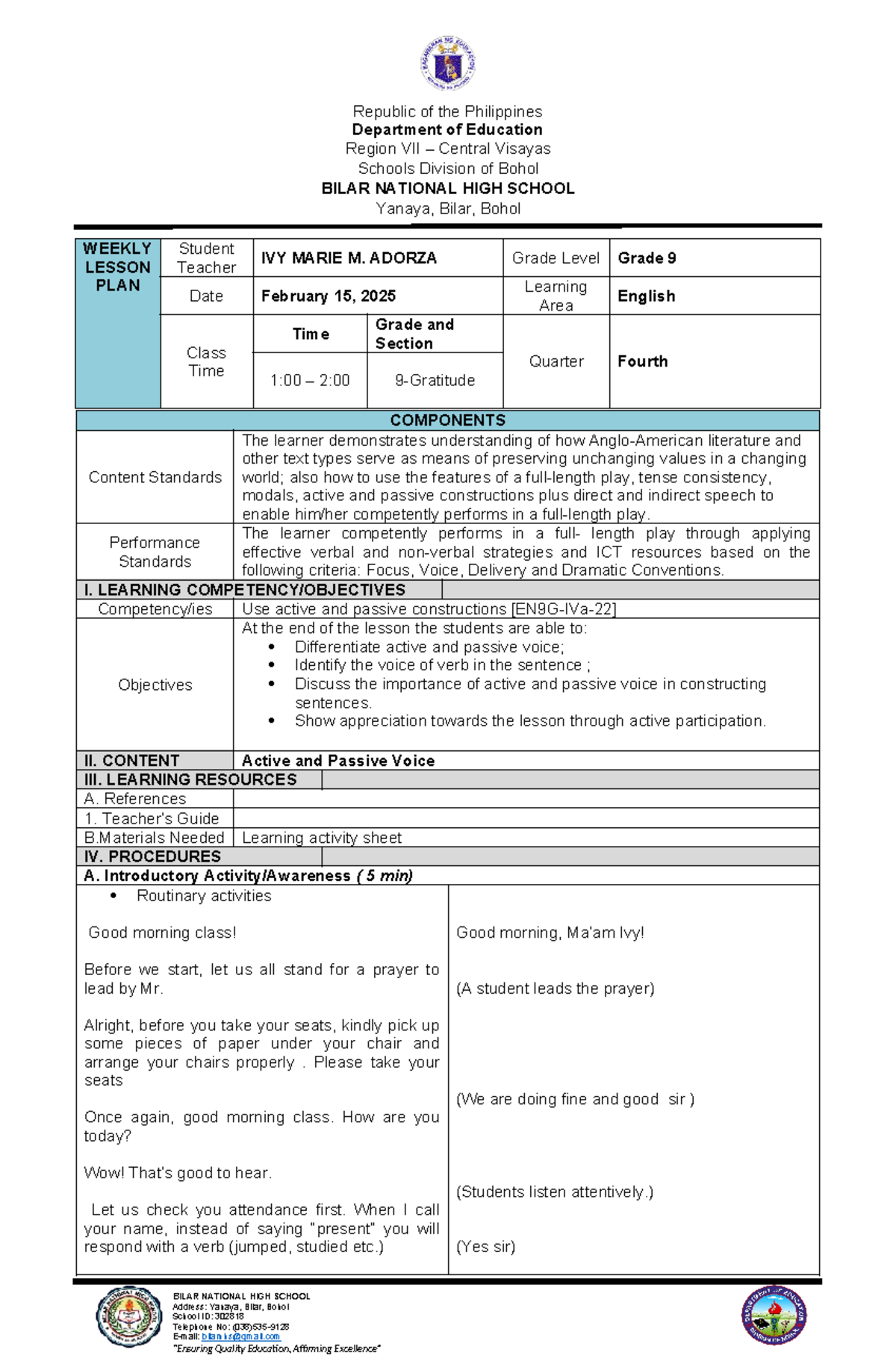 Lesson Plan for English 9: Active and Passive Voice Concepts - Studocu