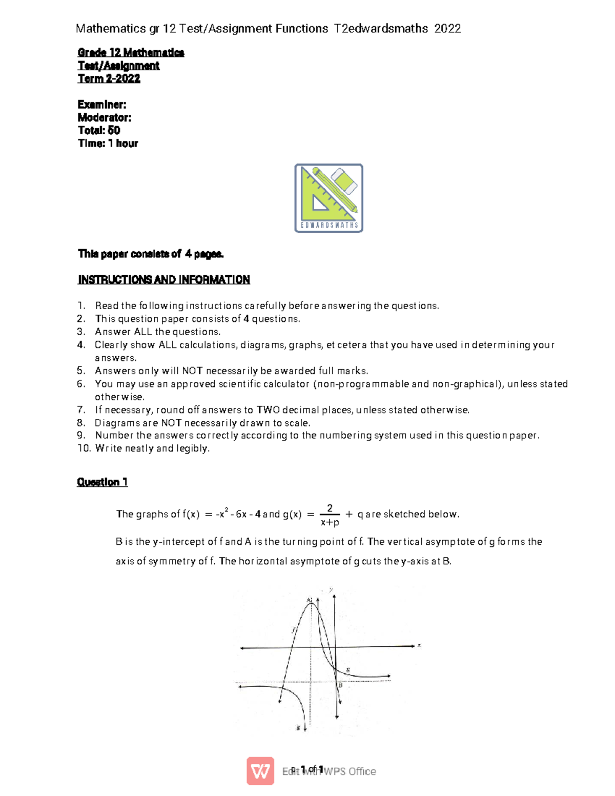 Gr 12 Maths Functions Test/Assignment - Term 2 Exam - Studocu