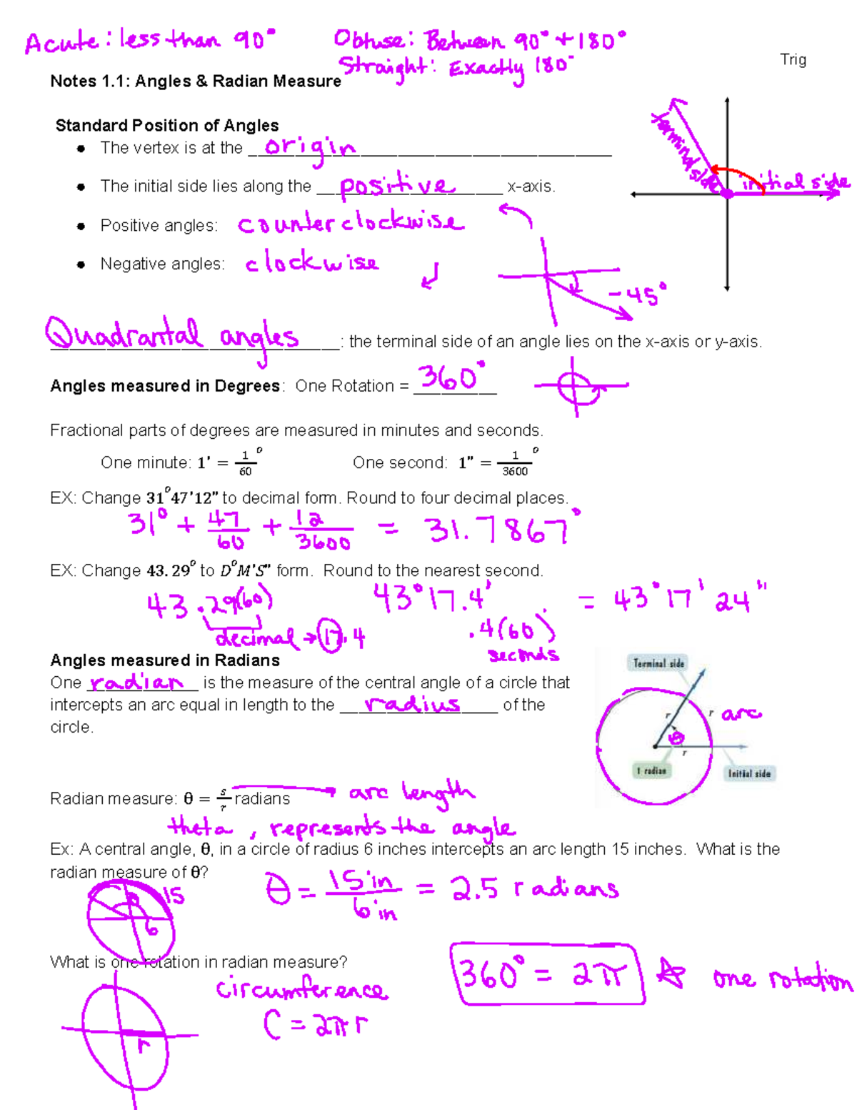 Trig Notes 1.1: Angles, Radian Measure & Conversions - Studocu