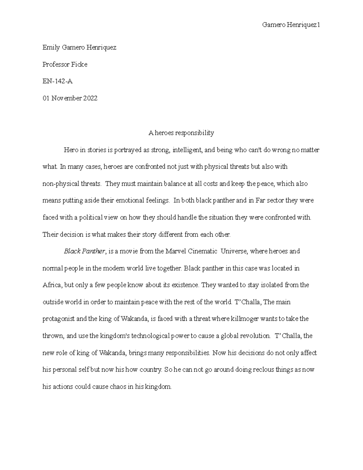 Heros essay Final - Gamero Henriquez Emily Gamero Henriquez Professor ...