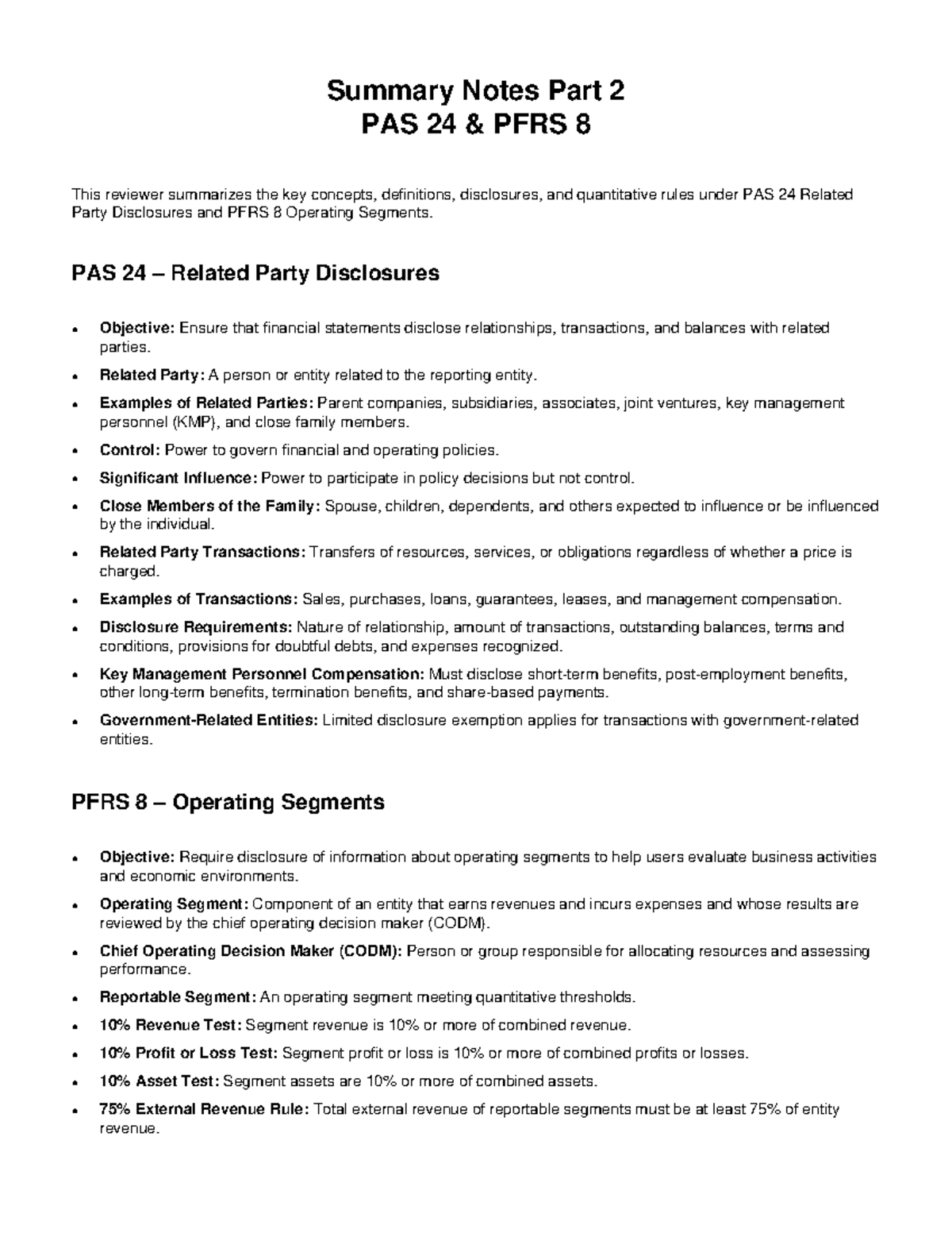 PAS 24 & PFRS 8 Summary Notes Part 2: Key Concepts & Disclosures - Studocu