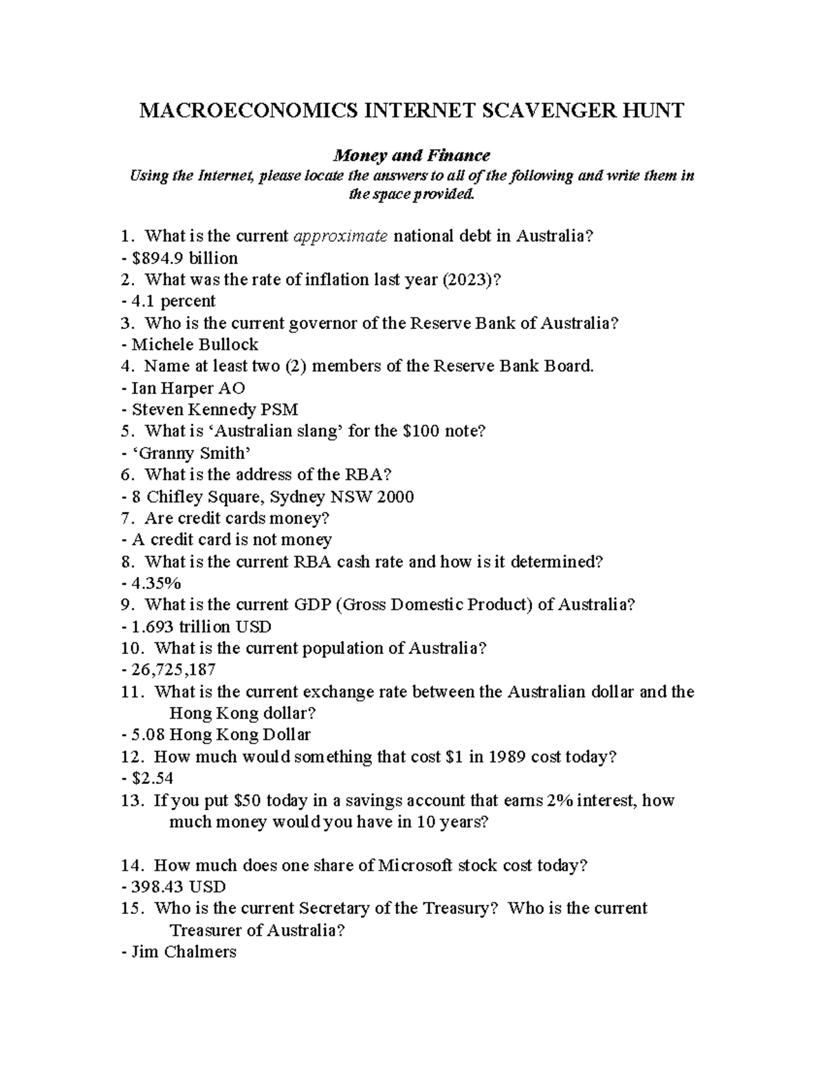 Economics scavenger hunt - MACROECONOMICS INTERNET SCAVENGER HUNT Money ...